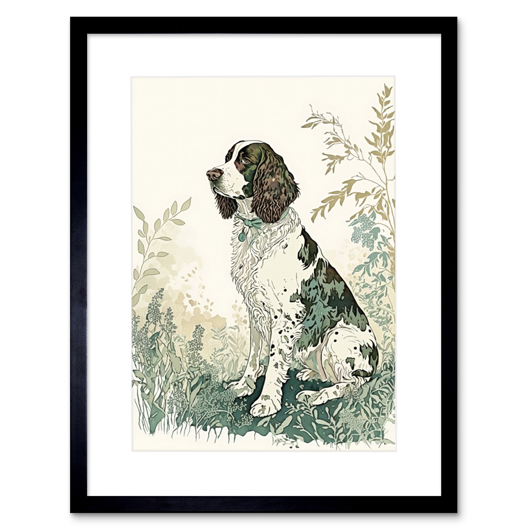 English Springer Spaniel Dog in Field Modern Pastel Watercolour ...