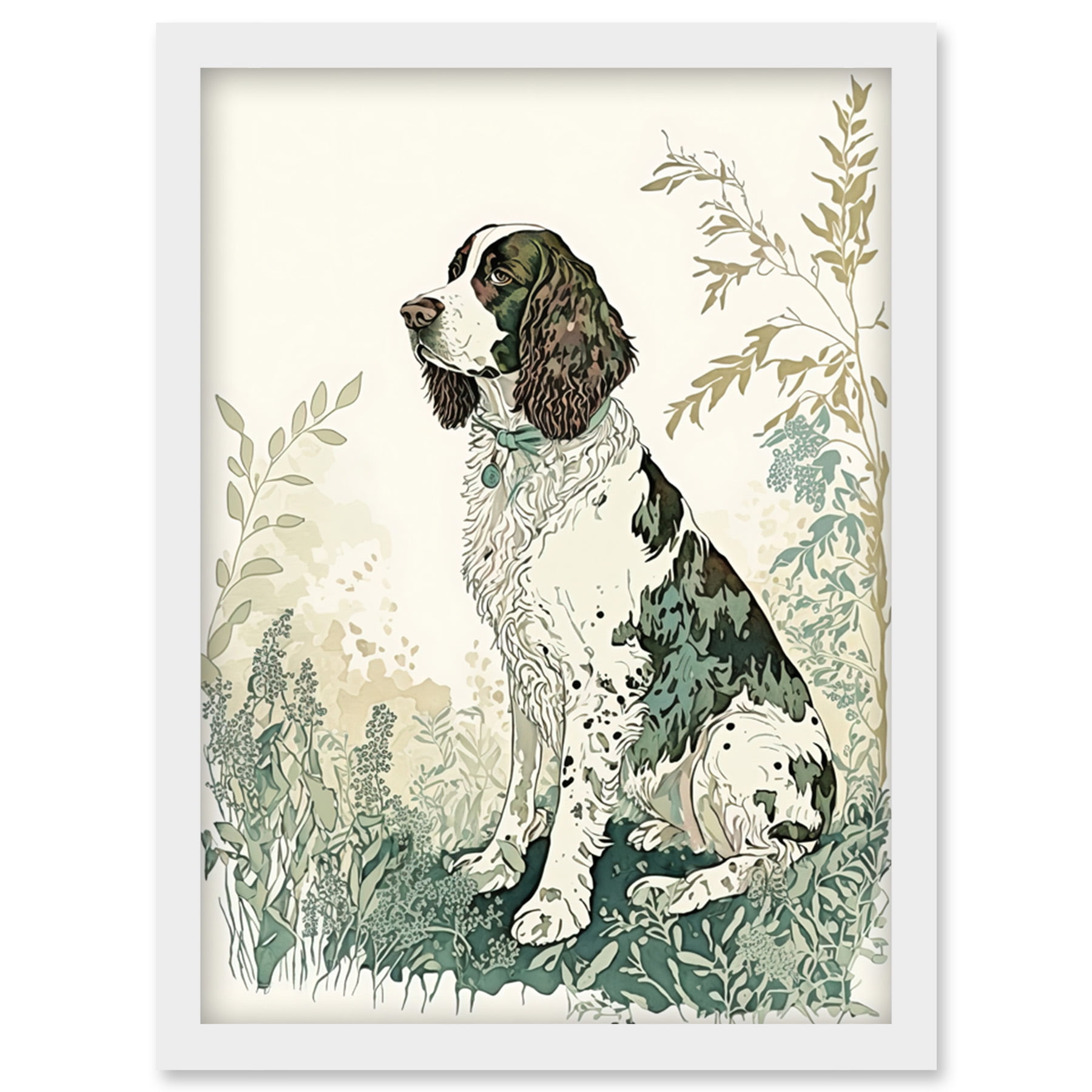 English Springer Spaniel Dog in Field Modern Pastel Watercolour ...