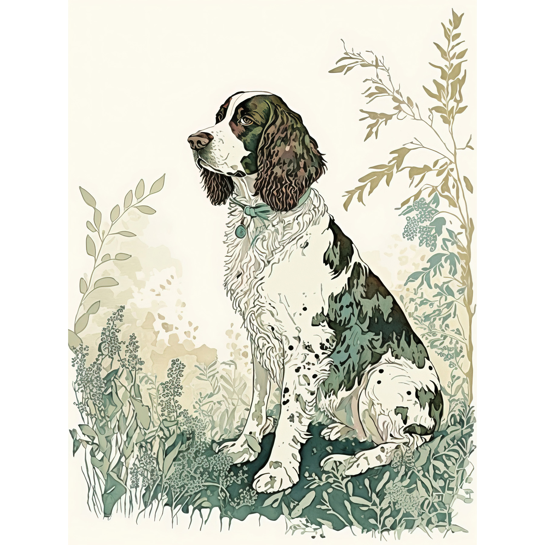 English Springer Spaniel Dog in Field Modern Pastel Watercolour ...