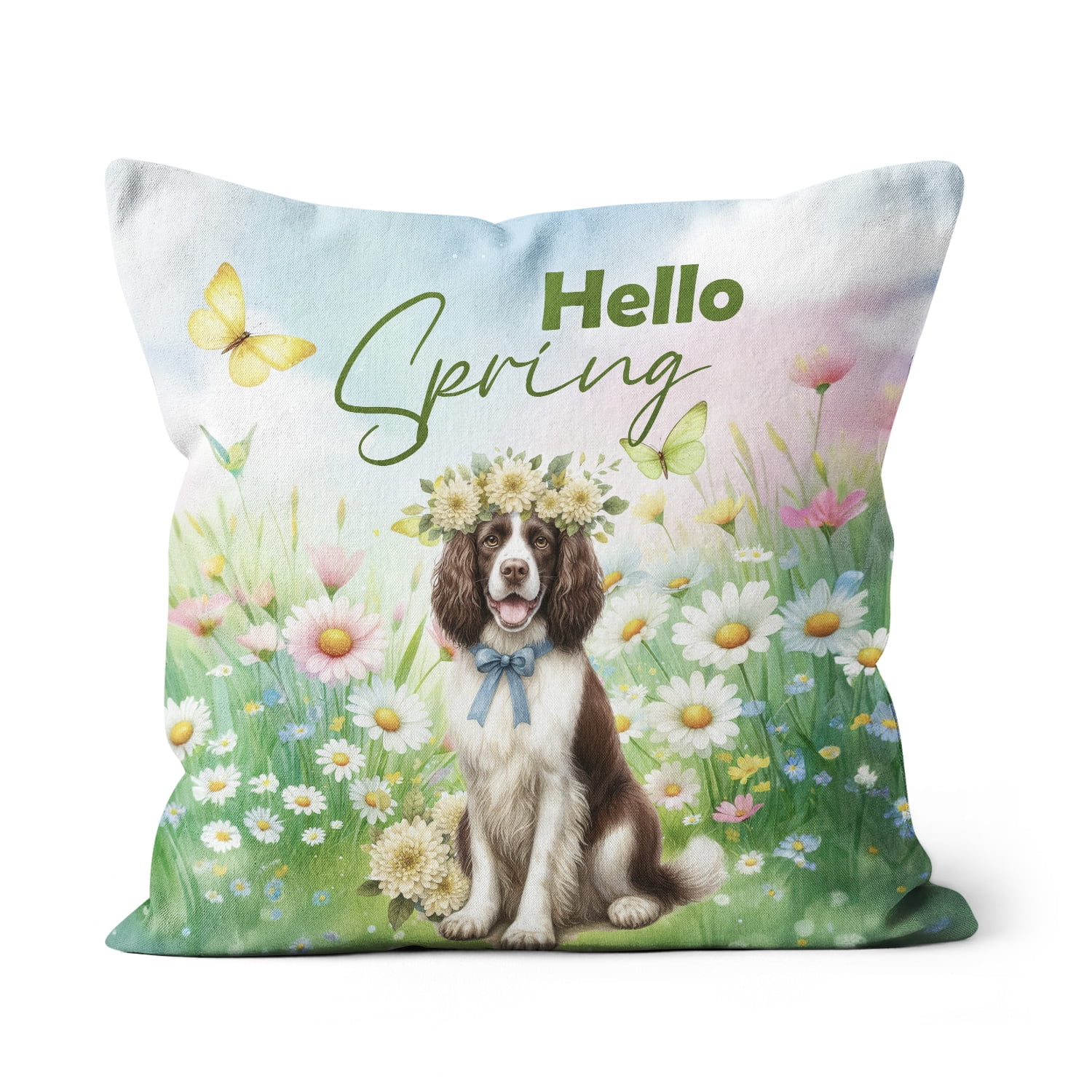 English Springer Spaniel Hello Spring Time Flower Floral Nature Pillow ...