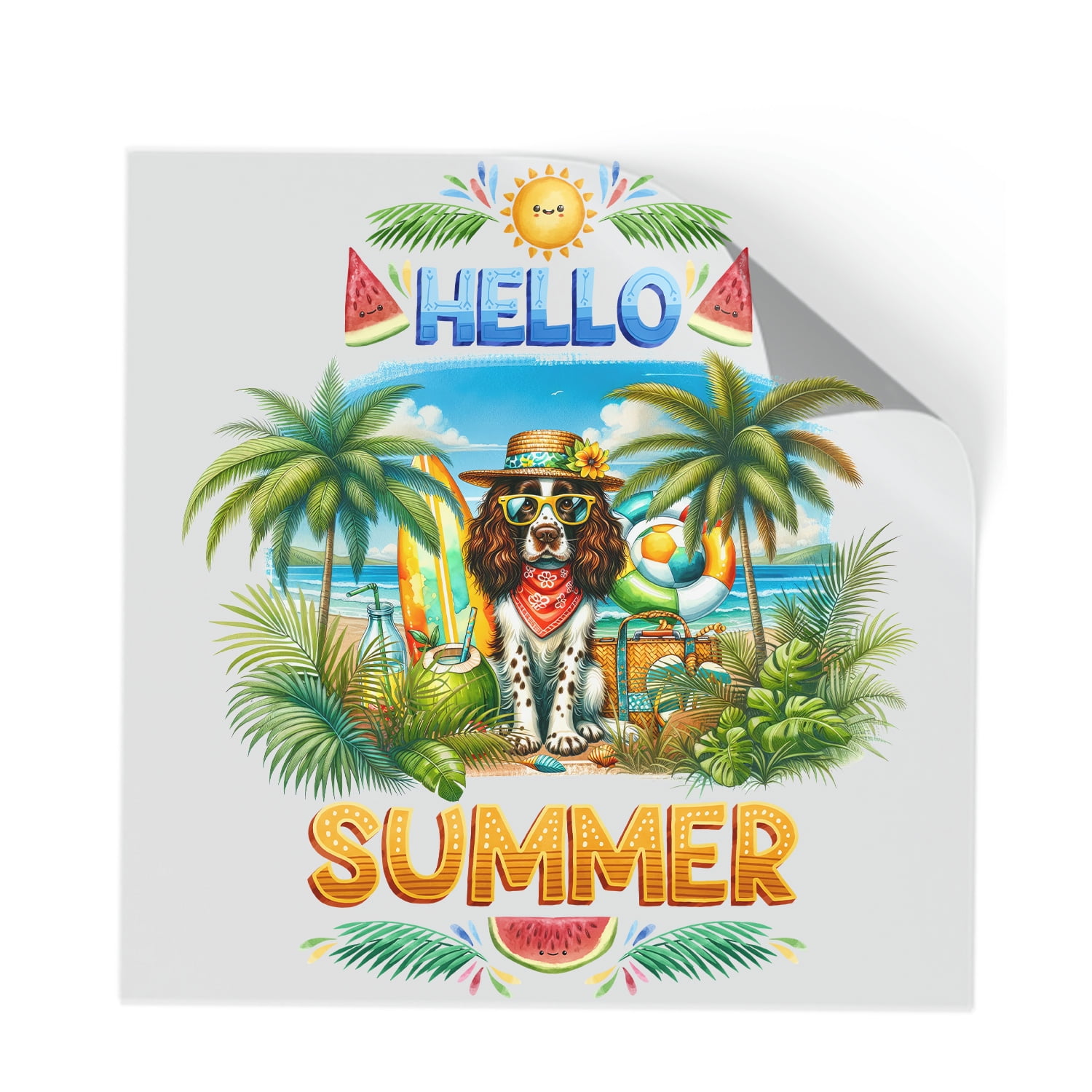 English Springer Spaniel Hello Summer with Sunglasses and Surfboard ...