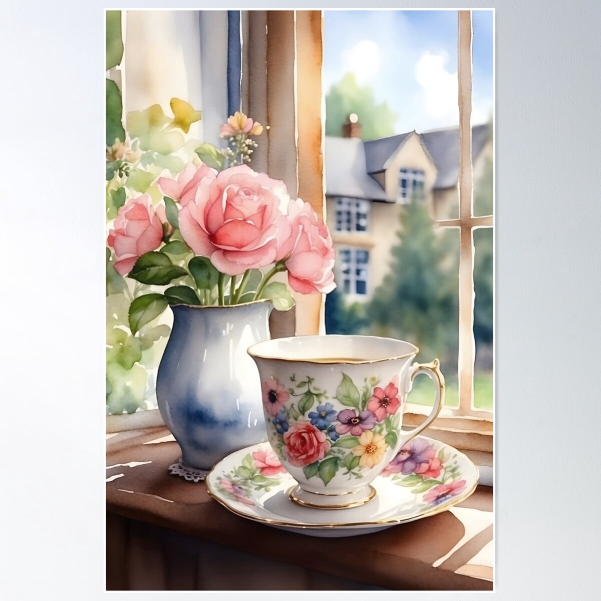 English Tea Cup And Flower Pot On Windowsill With Sunlight. Poster Wall ...