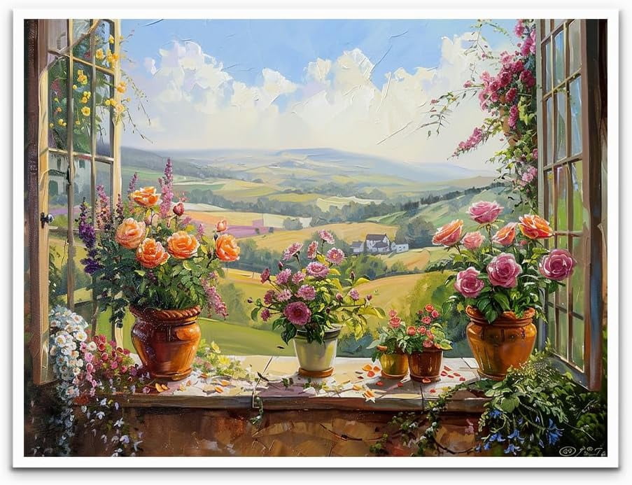 English Villa Garden Window view Country Wall Art Flower Art Window ...