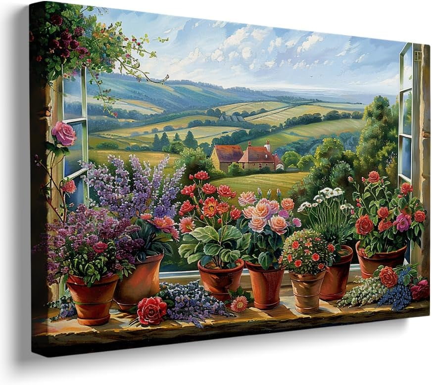 English Villa Garden window view Country flower art Natural wall Art ...