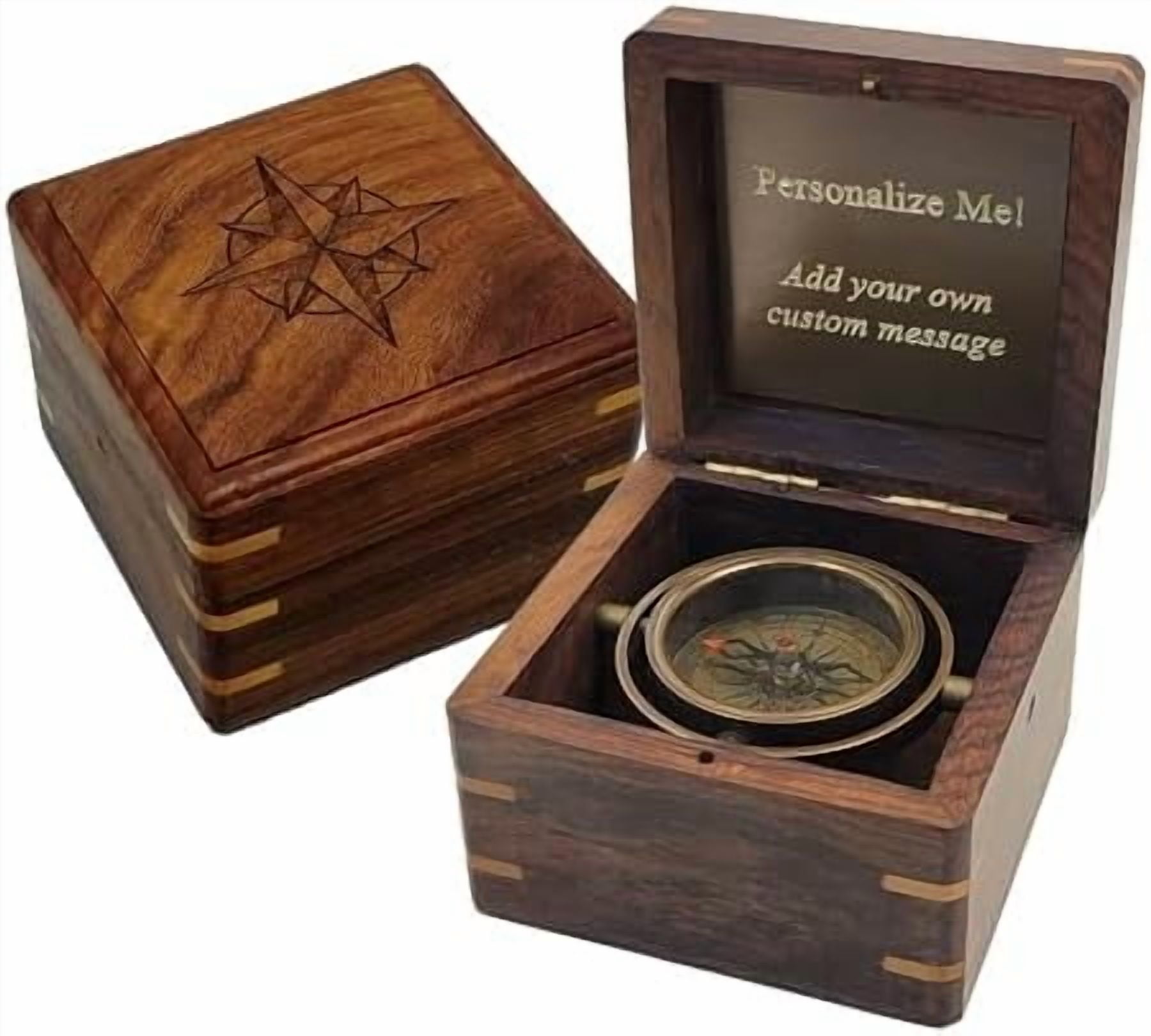 Engraved Compass Personalized in Wood Box | Antique Brass Desk Compass ...
