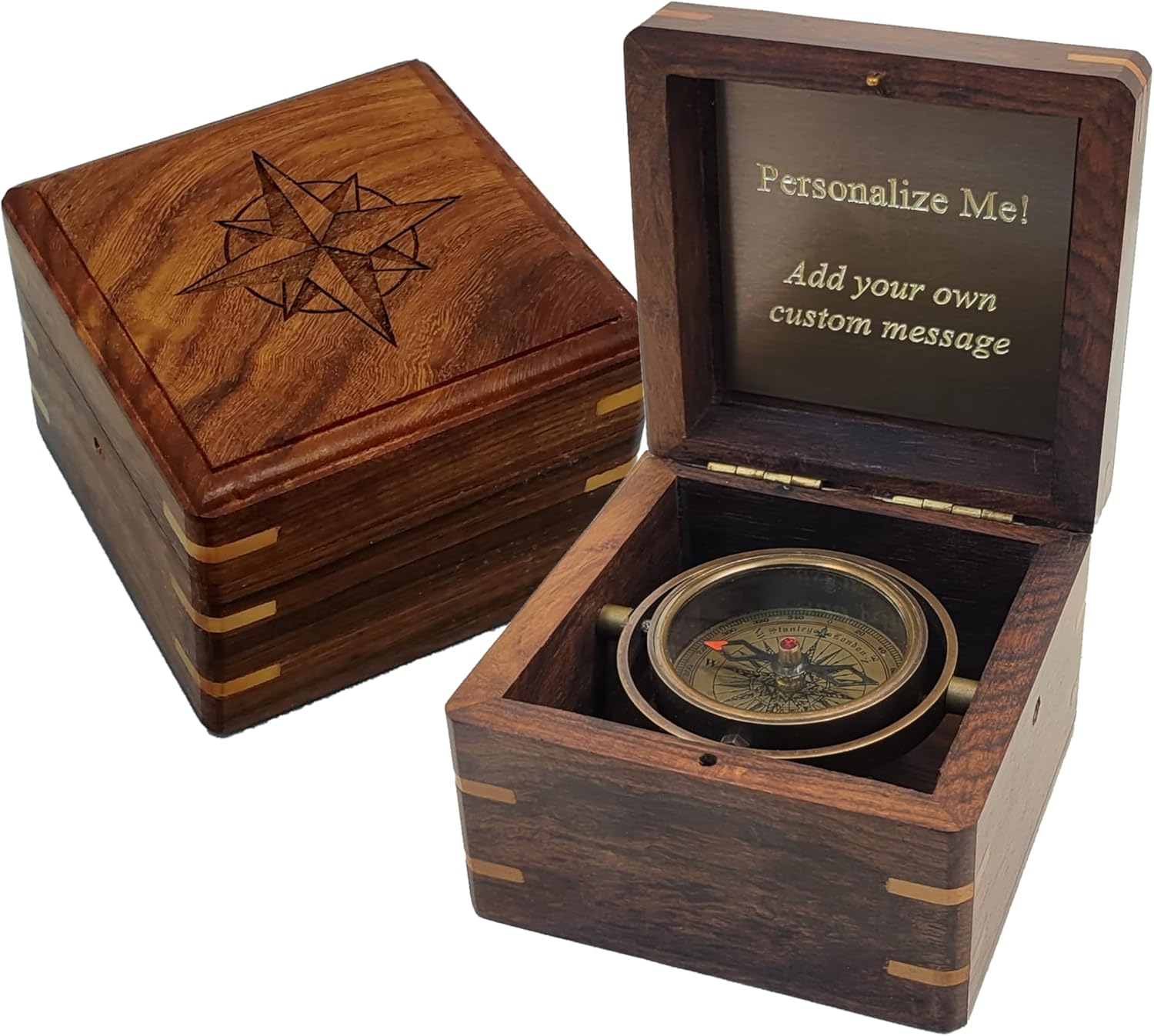 Engraved Compass Personalized in Wood Box | Antique Brass Desk Compass ...
