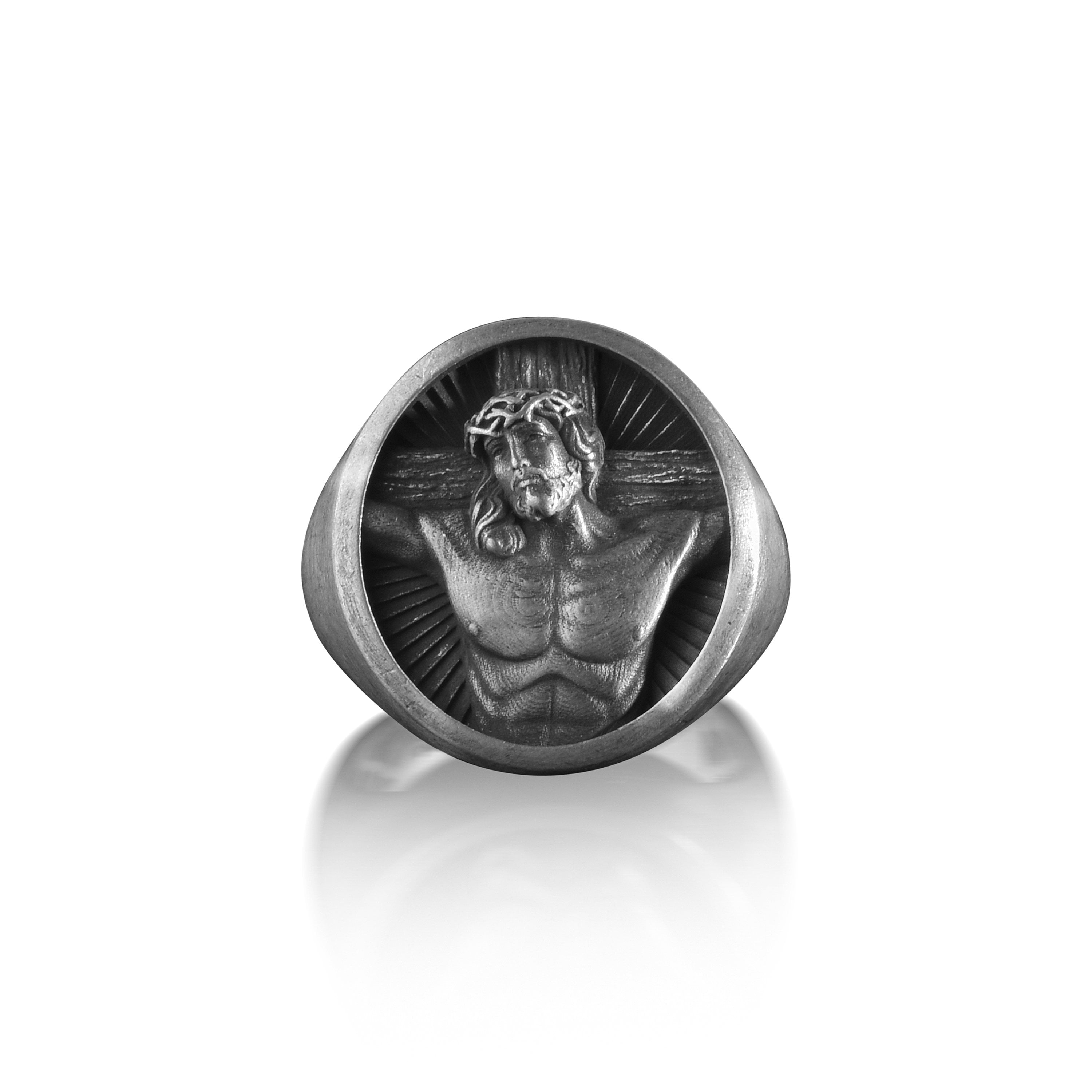Engraved Crucifixion of Jesus Ring, Jesus Christ with Cross Oxidized ...