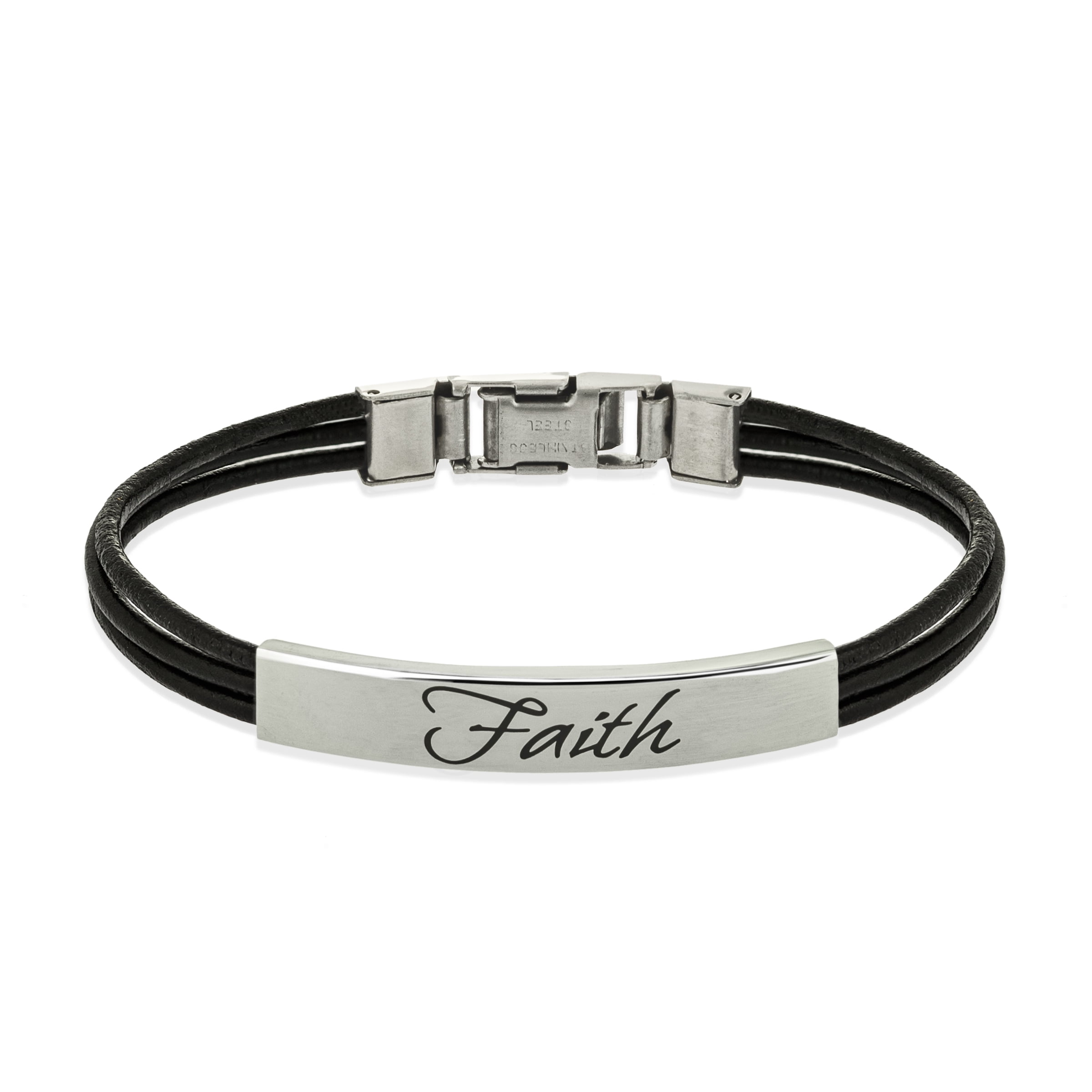 Engraved "Faith" Stainless Steel Leather Bracelet - Inspirational ...