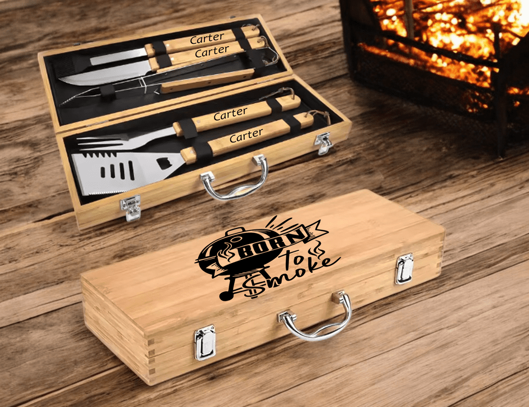 Engraved Wooden Barbecue Set - 5-Piece Custom Grill Tools - Father’s ...