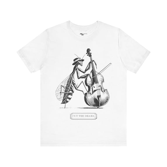 Engraving Style Praying Mantis Playing Double Bass Tee - Cut the Drama ...