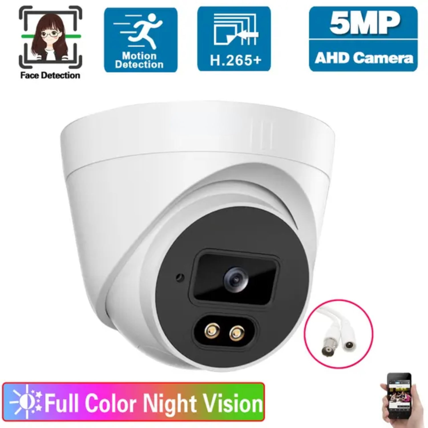 Enhanced 5MP AHD Full Color Night Vision CCTV Dome Camera with BNC and ...