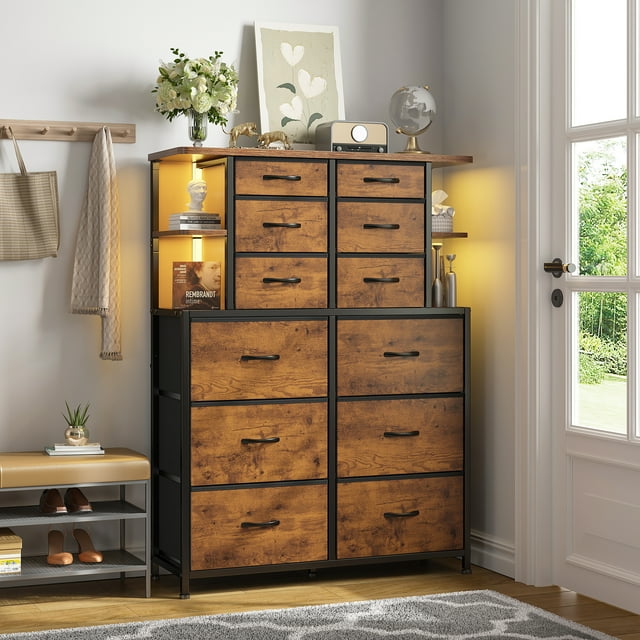 Enhome Tall Dresser for Bedroom Dresser with LED Lights Fabric Dressers ...