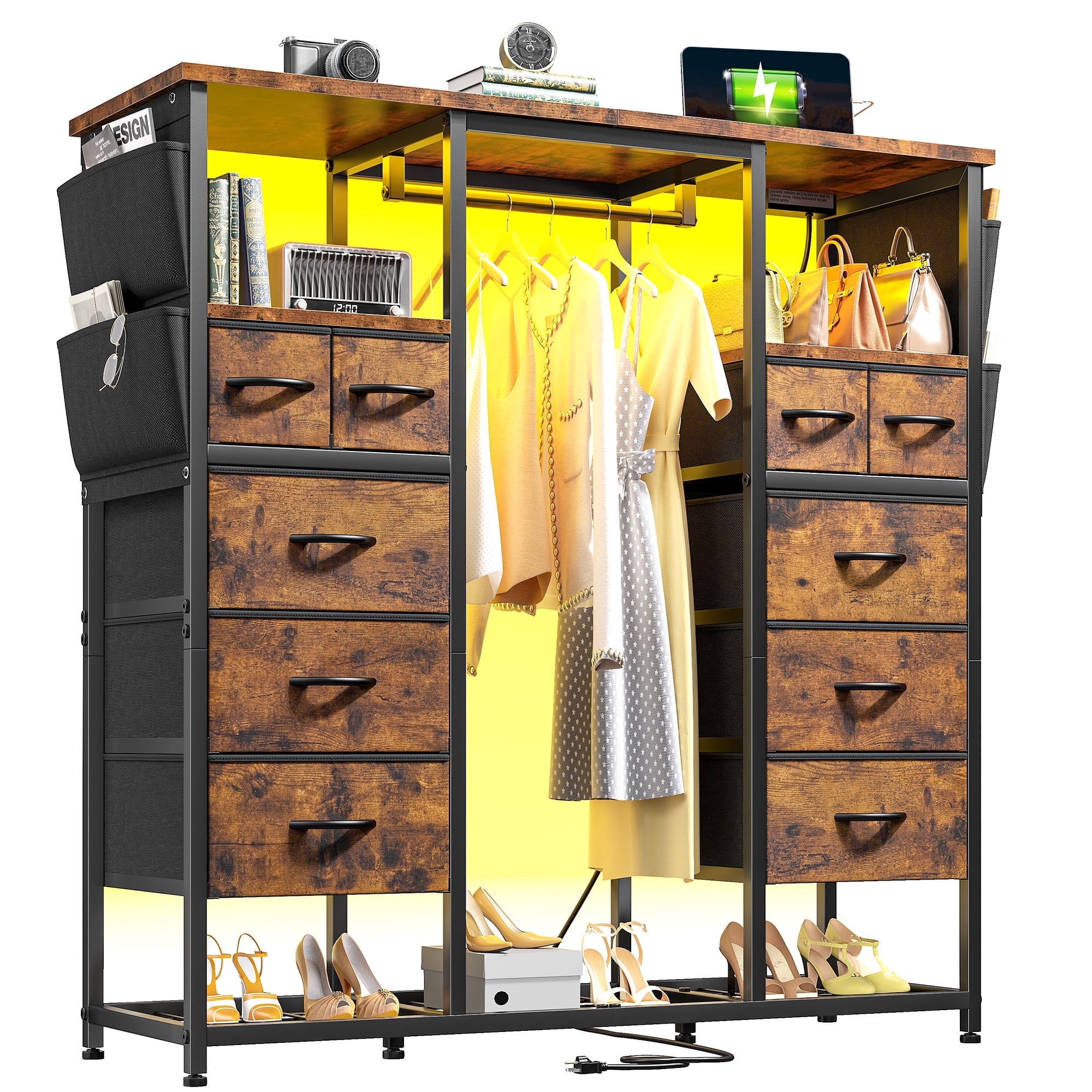 Enhomee 10 Drawers Dresser for Bedroom with Hanging Rack Storage ...