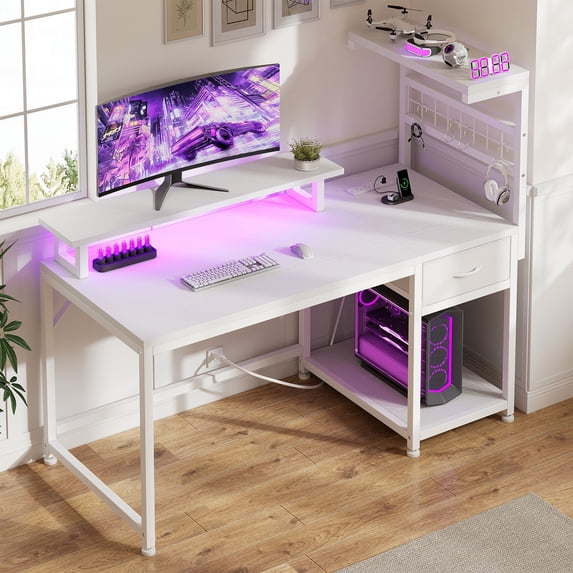 Enhomee 39.4" inches Gaming Desk with LED Light Coner Desk with Drawers ...