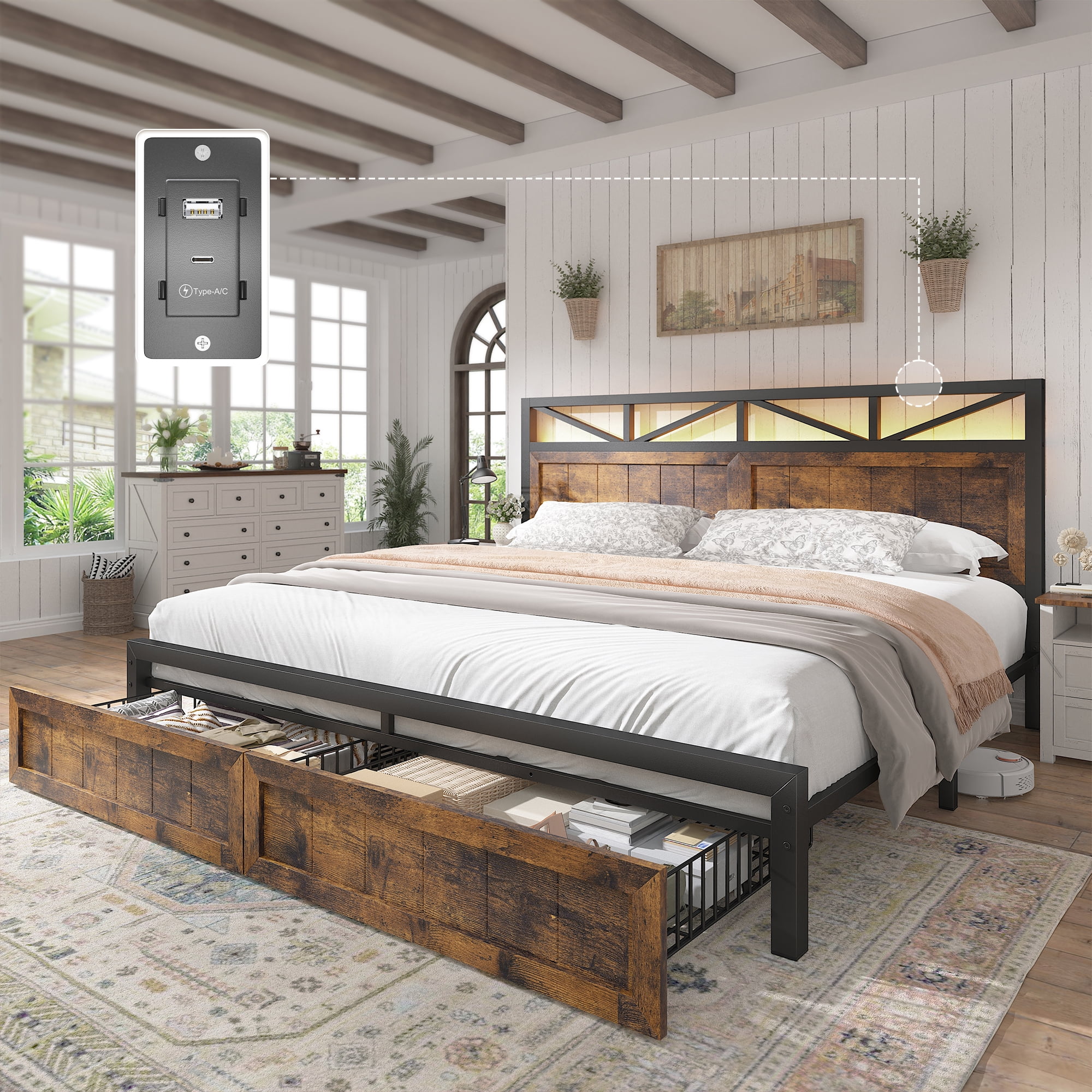 Enhomee King Bed Frame with Headboard & 2 Drawers King Size Bed Frame ...