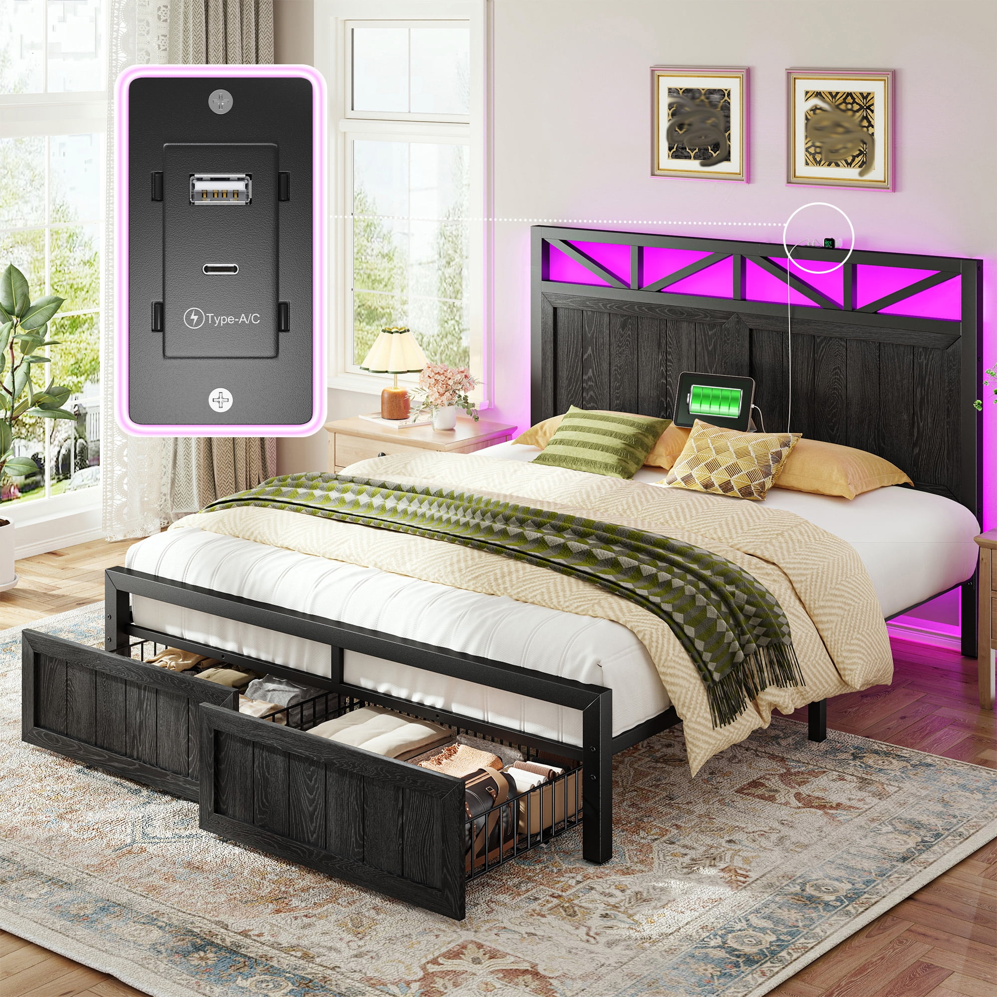 Enhomee King Bed Frame with Storage King Size Bed Frame with Headboard ...