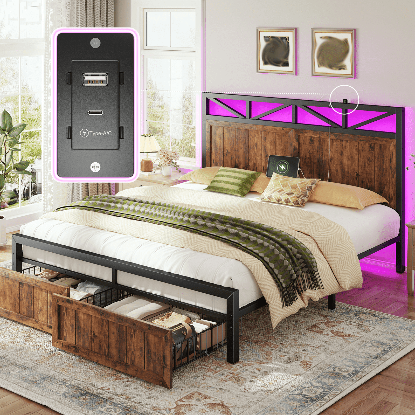 Enhomee Queen Bed Frame with Headboard & 2 Drawers Queen Size Bed Frame ...