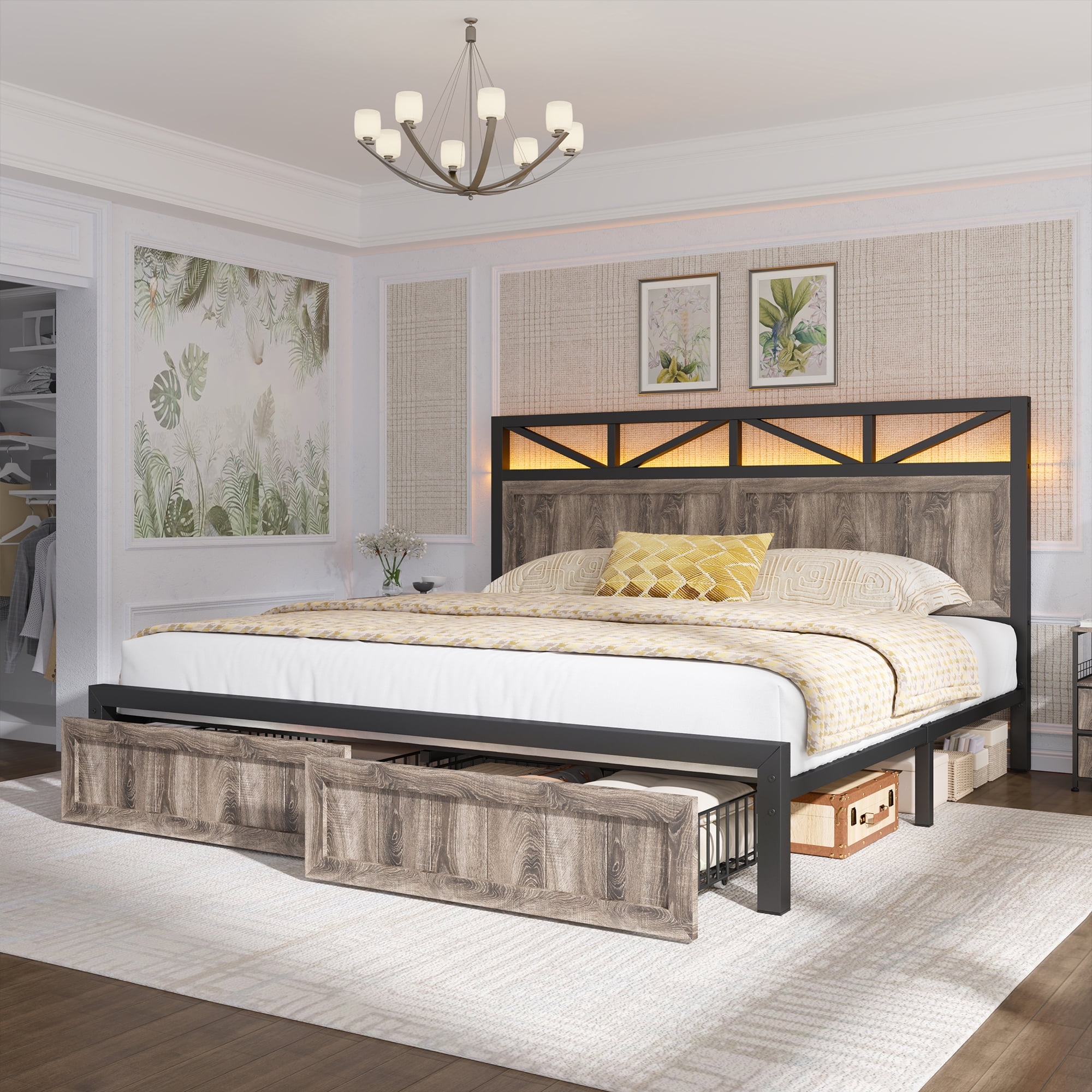 Enhomee Queen Size Platform Bed Frame with LED Lights and Storage Queen ...