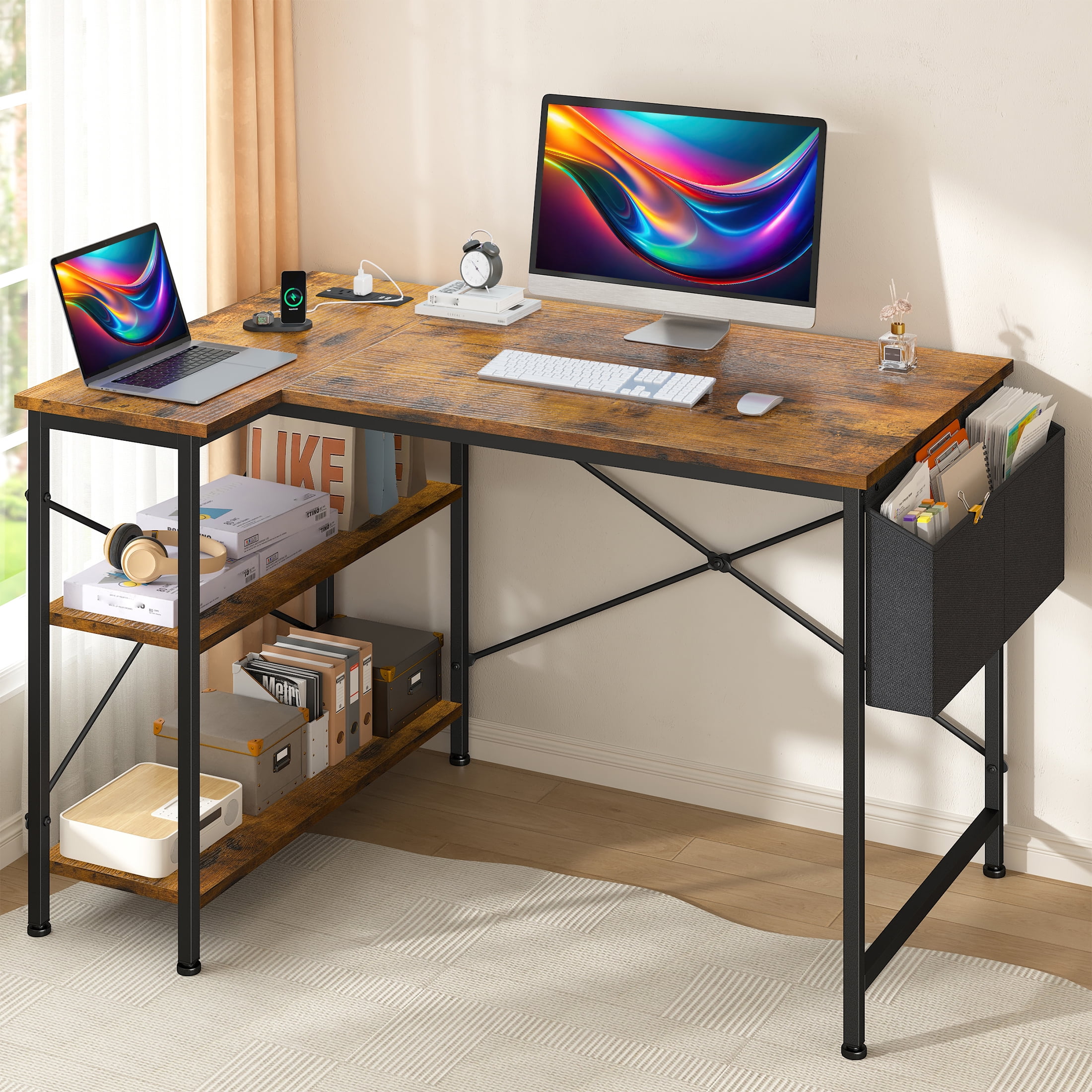 Enhomee Small Desk with Power Outlet L Shaped Office Desk for Work ...