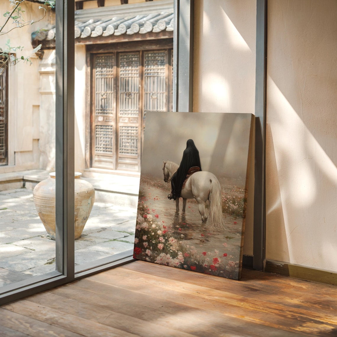 Enigmatic Rider Art - Cloaked Figure On White Horse Amid Blooming Roses ...