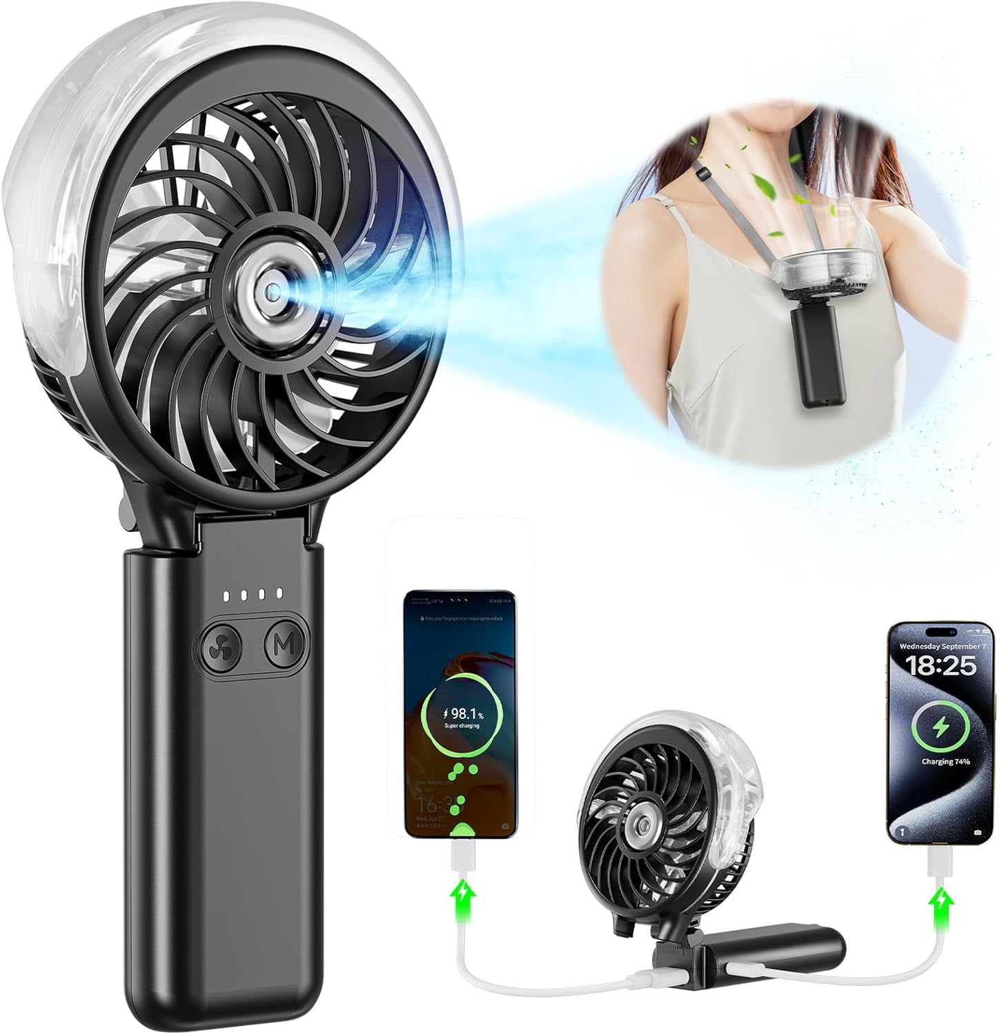 EnjinZZ 5200mAh Upgraded Personal Misting Fan, Rechargeable Handheld ...