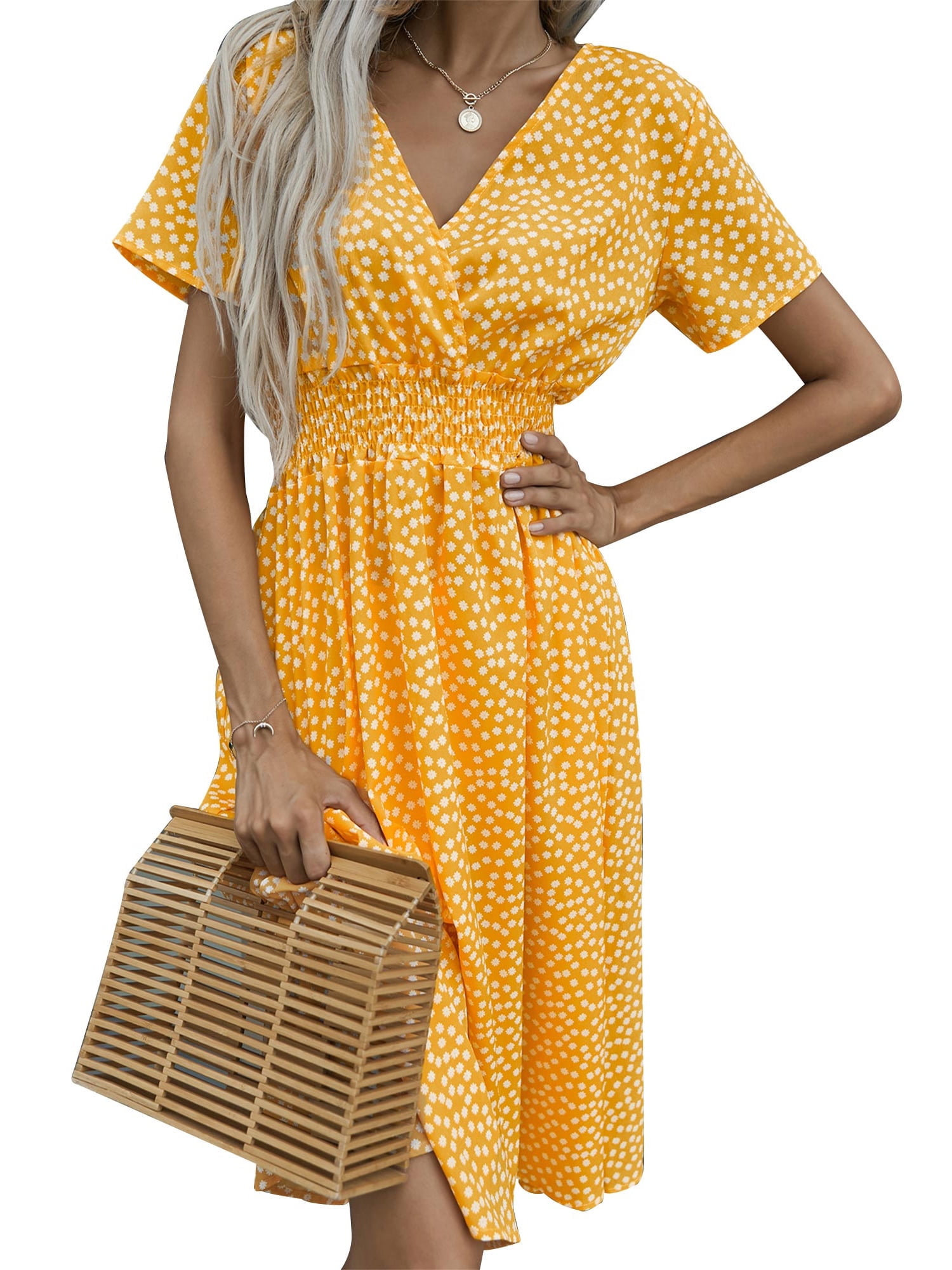 Enjiwell Women's Bohemian Polka Dot Print Elastic Draw Back V Neck ...