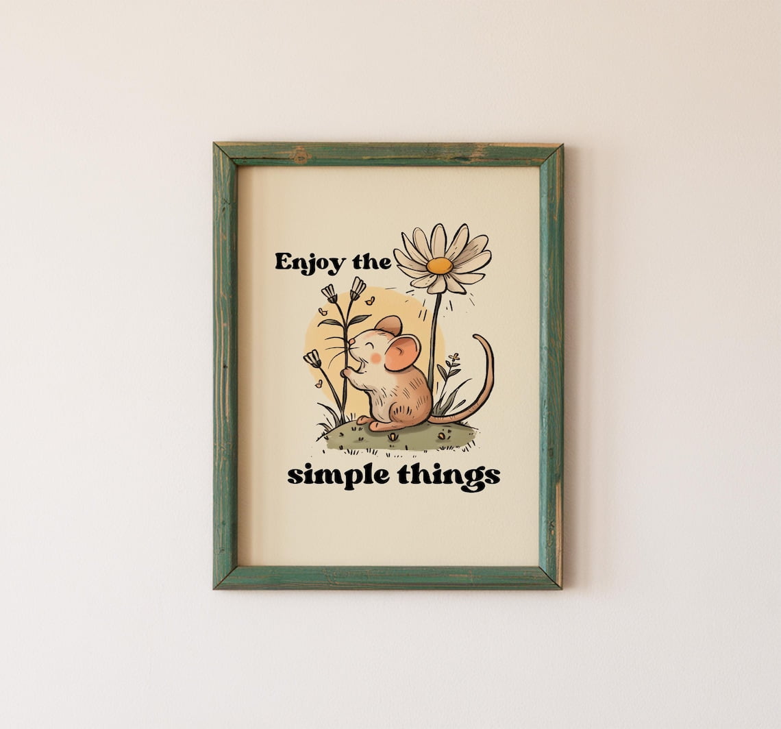Enjoy The Simple Things, Cute Mouse Wall Poster, Retro Illustration ...