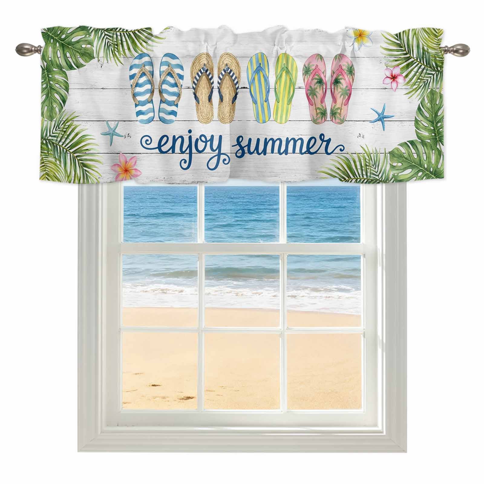 Enjoy Summer Beach Slippers Window Valance for Kitchen, Ocean Flower ...