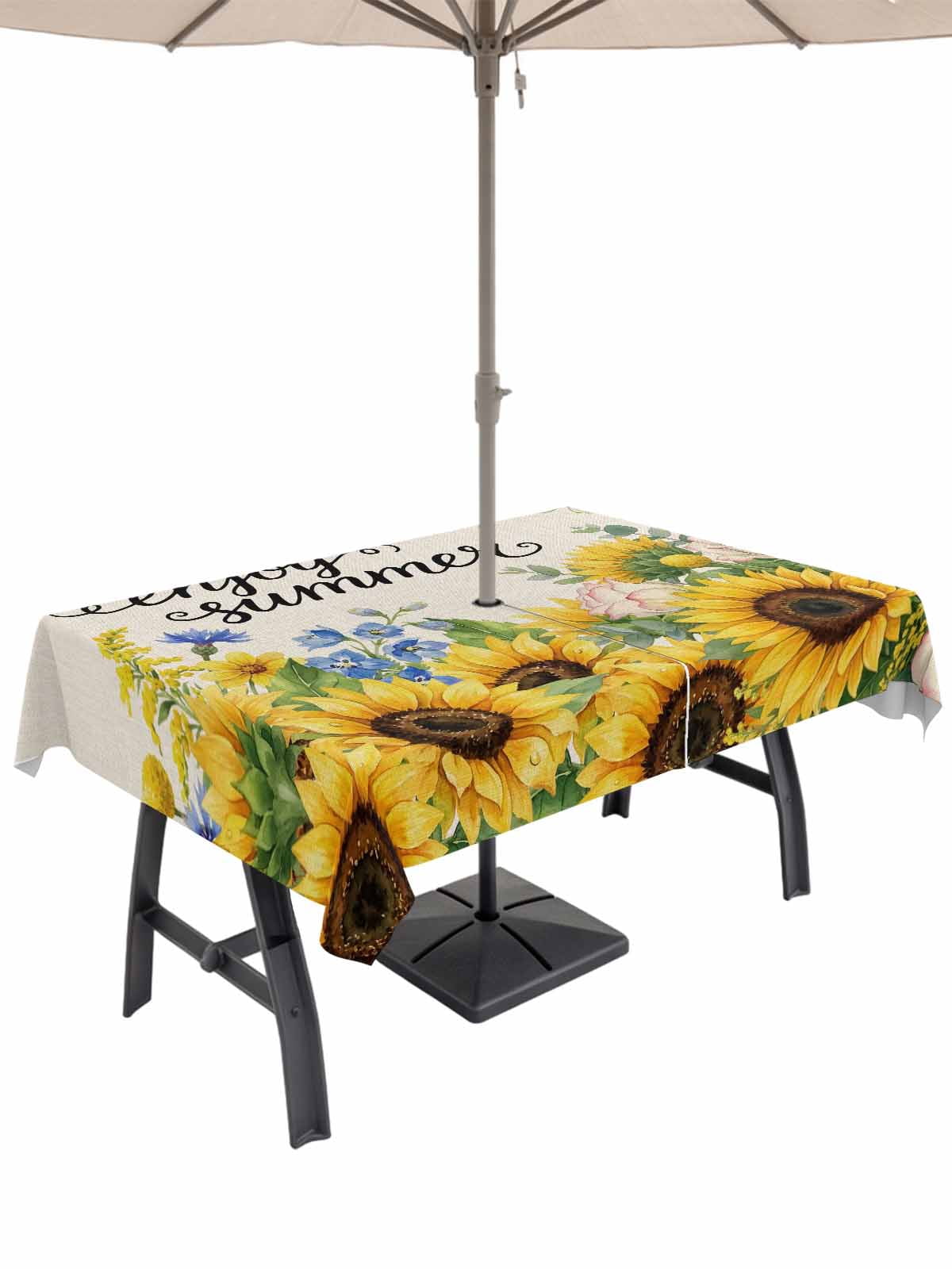 Enjoy Summer Sunflower Rose Rectangle Outdoor Tablecloth with Umbrella ...