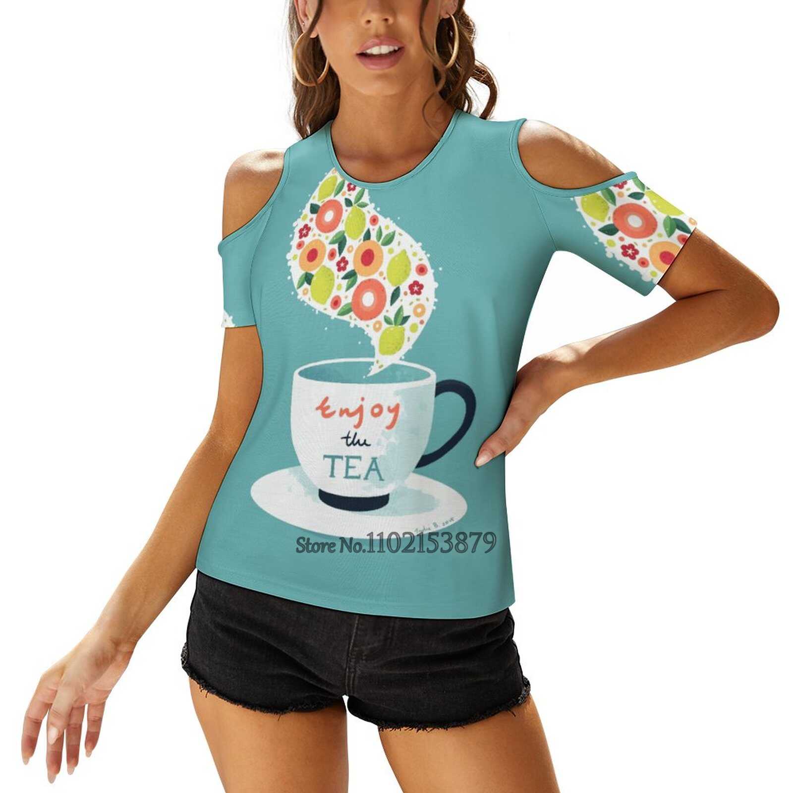 Enjoy The Tea Woman Tshirts Printed Tops Zipper V-Neck Top Fashion ...