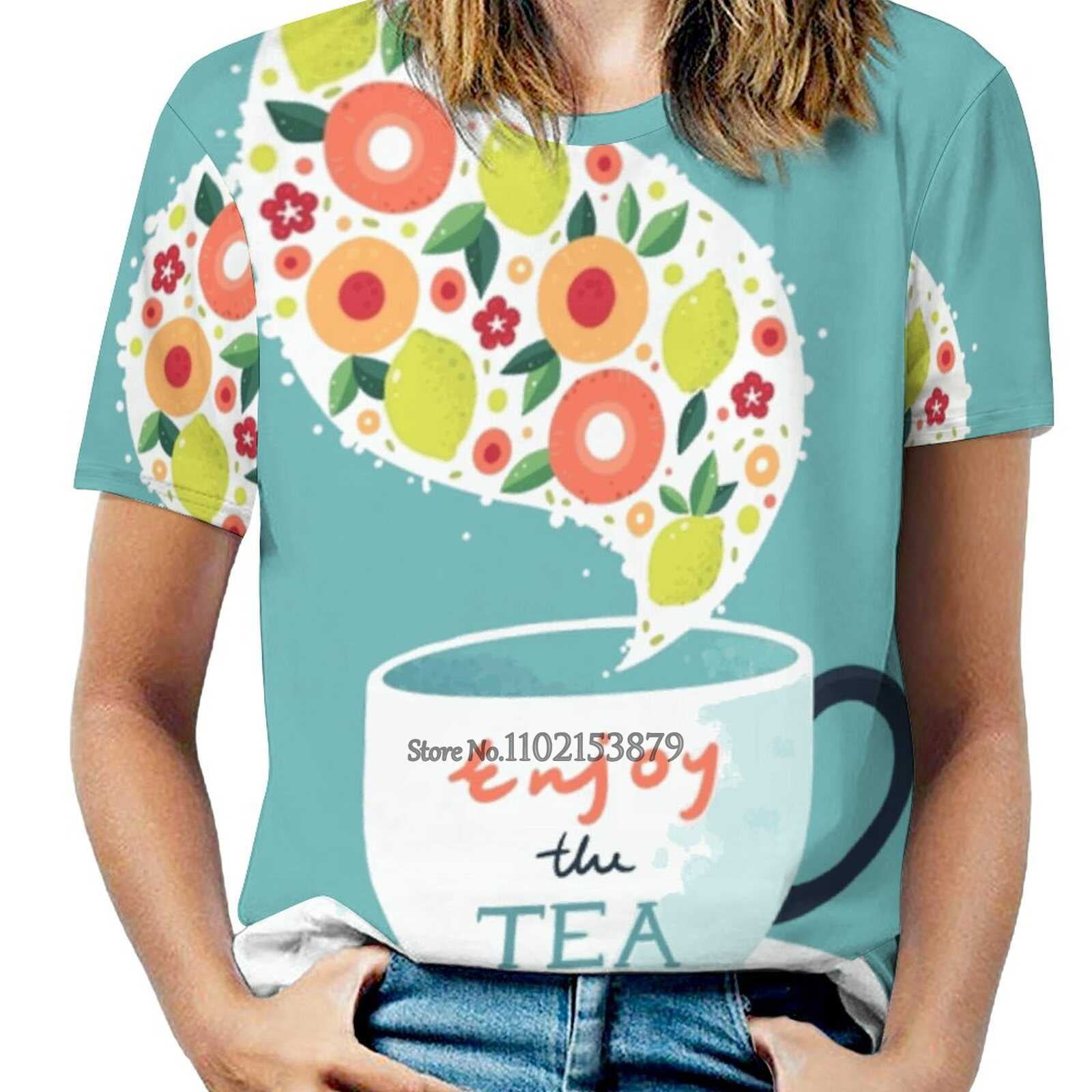 Enjoy The Tea Woman Tshirts Printed Tops Zipper V-Neck Top Fashion ...