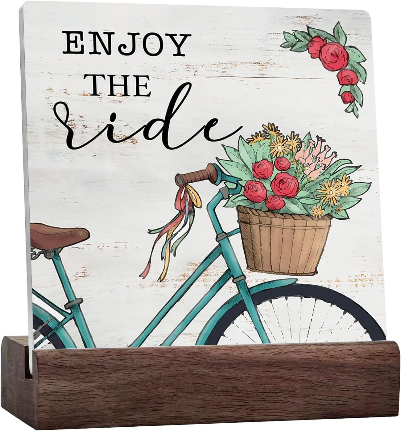 Enjoy the Ride Ceramic Table Sign Home Decor Rustic Floral Bicycle ...