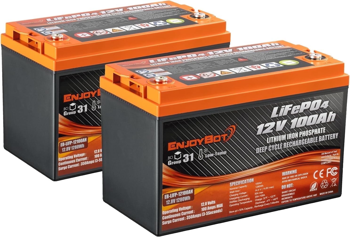 Enjoybot 12V 100Ah LiFePO4 Lithium Battery, 100A BMS Deep Cycle Battery ...