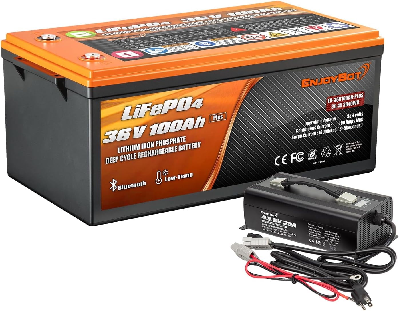 Enjoybot 36V 100Ah LiFePO4 Lithium Battery with 43.8V 20A Lithium ...