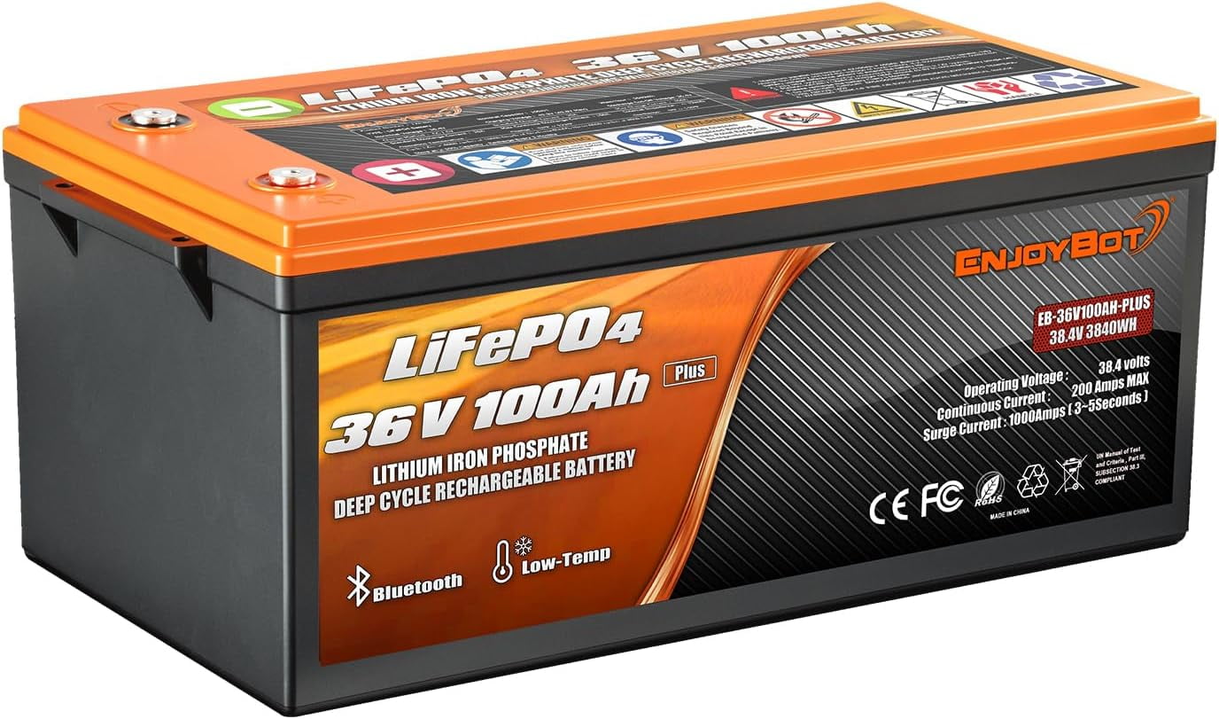 Enjoybot 36V 100Ah Plus LiFePO4 Lithium Battery with 3840Wh, Built-in 200A BMS and Bluetooth ...