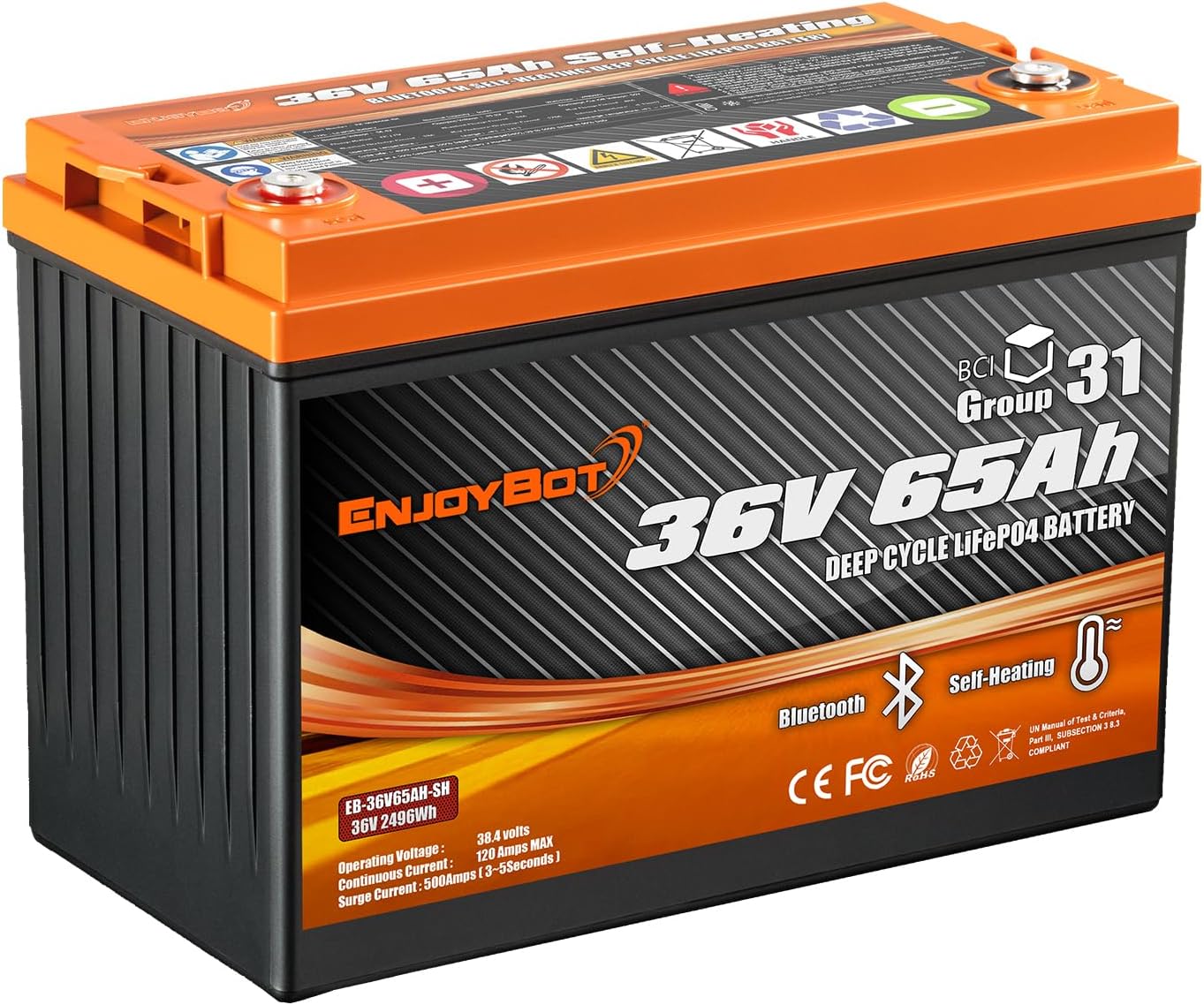 Enjoybot 36V 65Ah LiFePO4 Lithium Battery Self-Heating, Built-in 120A ...