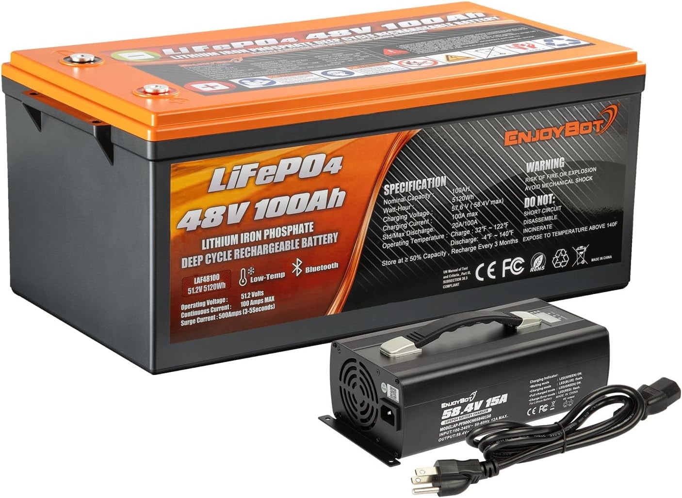 Enjoybot 48V 100Ah LiFePO4 Lithium Battery with 58.4V 15A Lithium ...