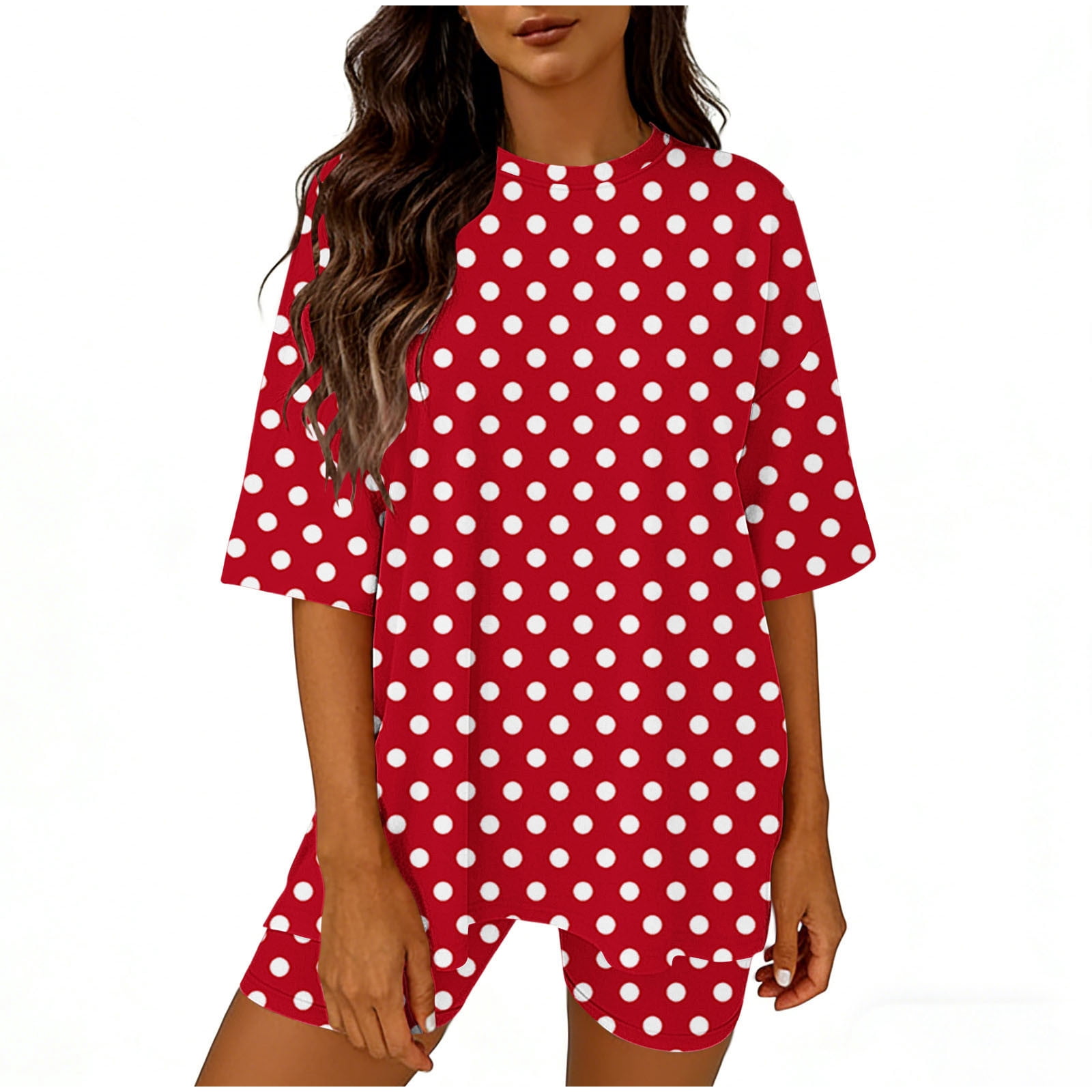 Enjoytime 2 Piece Sets for Women Polka Dots Printed Round Neck Short ...