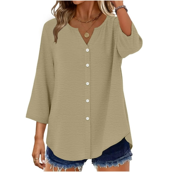 Enjoytime 3/4 Sleeve Tops for Women Solid Color V-Neck Button Down ...
