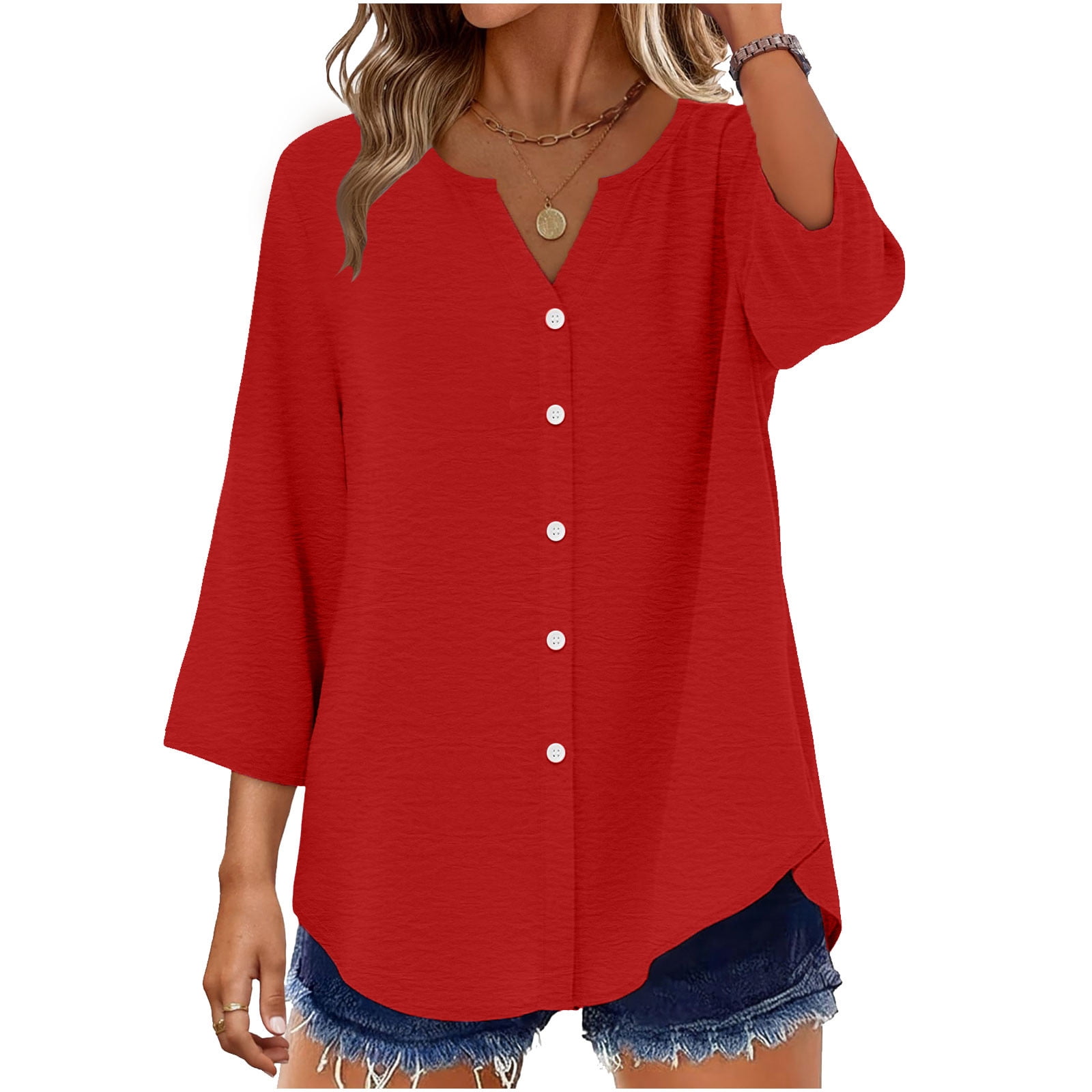 Enjoytime 3/4 Sleeve Tops for Women Solid Color V-Neck Button Down ...