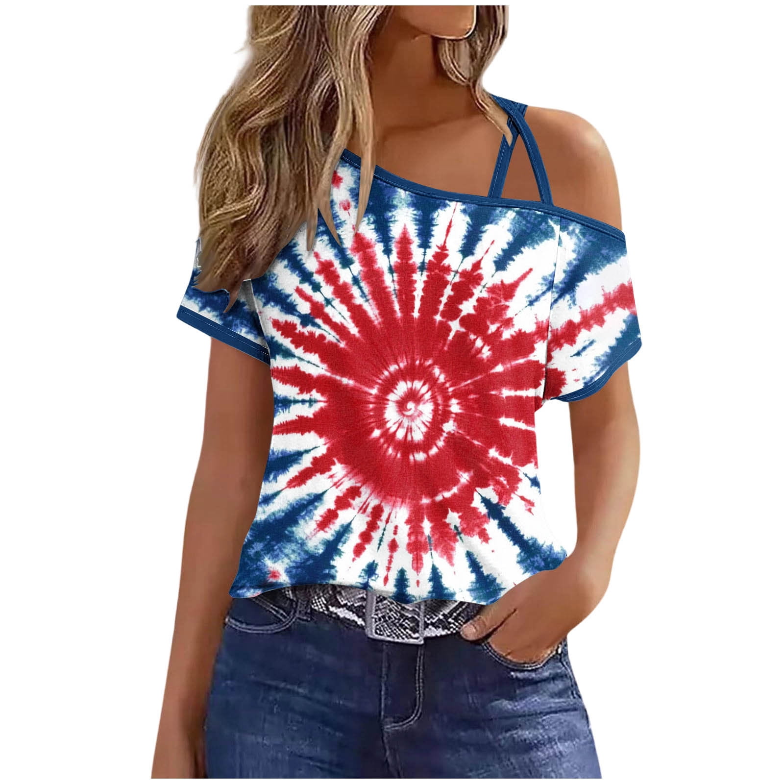 Enjoytime 4Th Of July Womens Shirts Casual Criss Cross Asymmetric Off ...