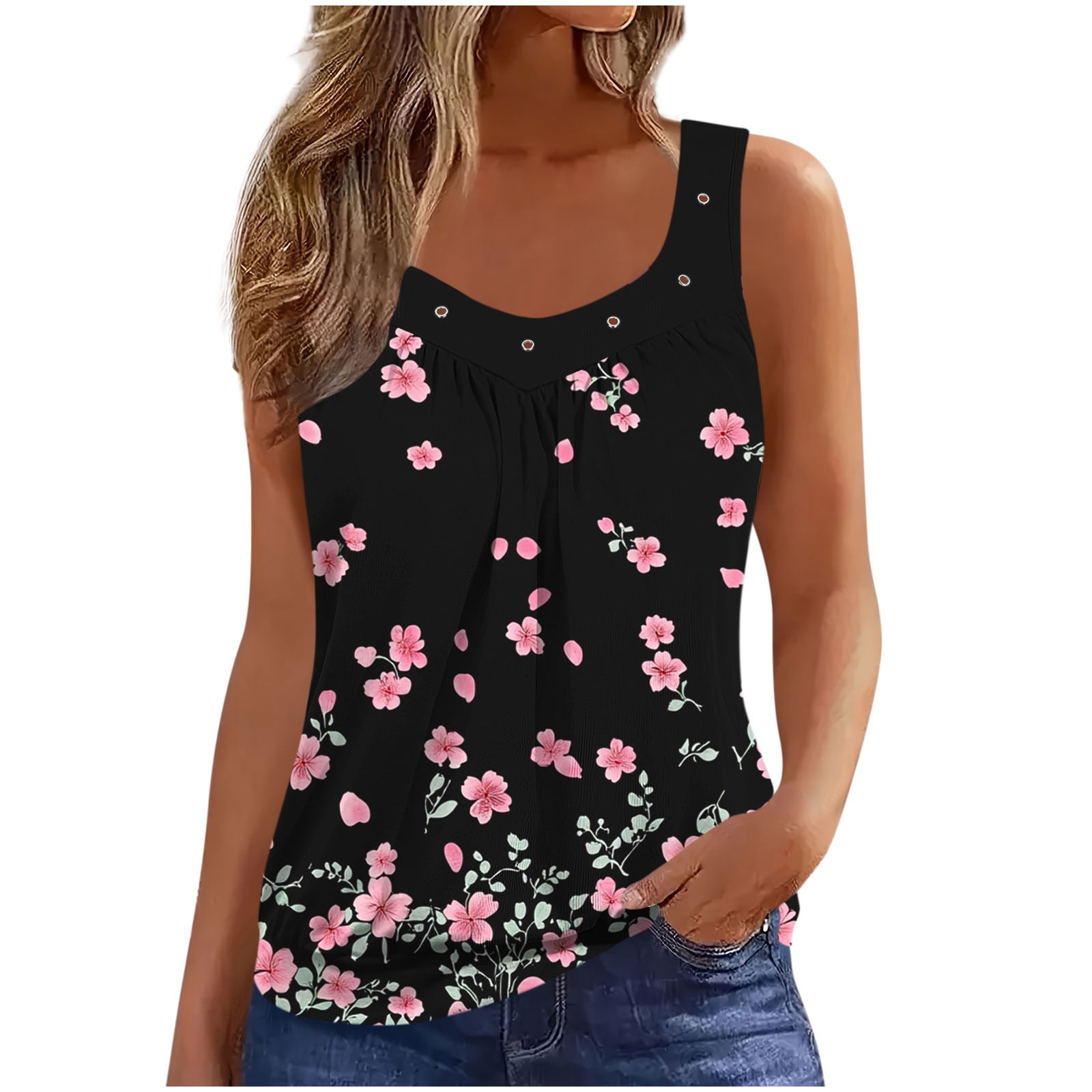 Enjoytime Blouses for Women Printed Sleeveless Crewneck Casual Tank Top ...