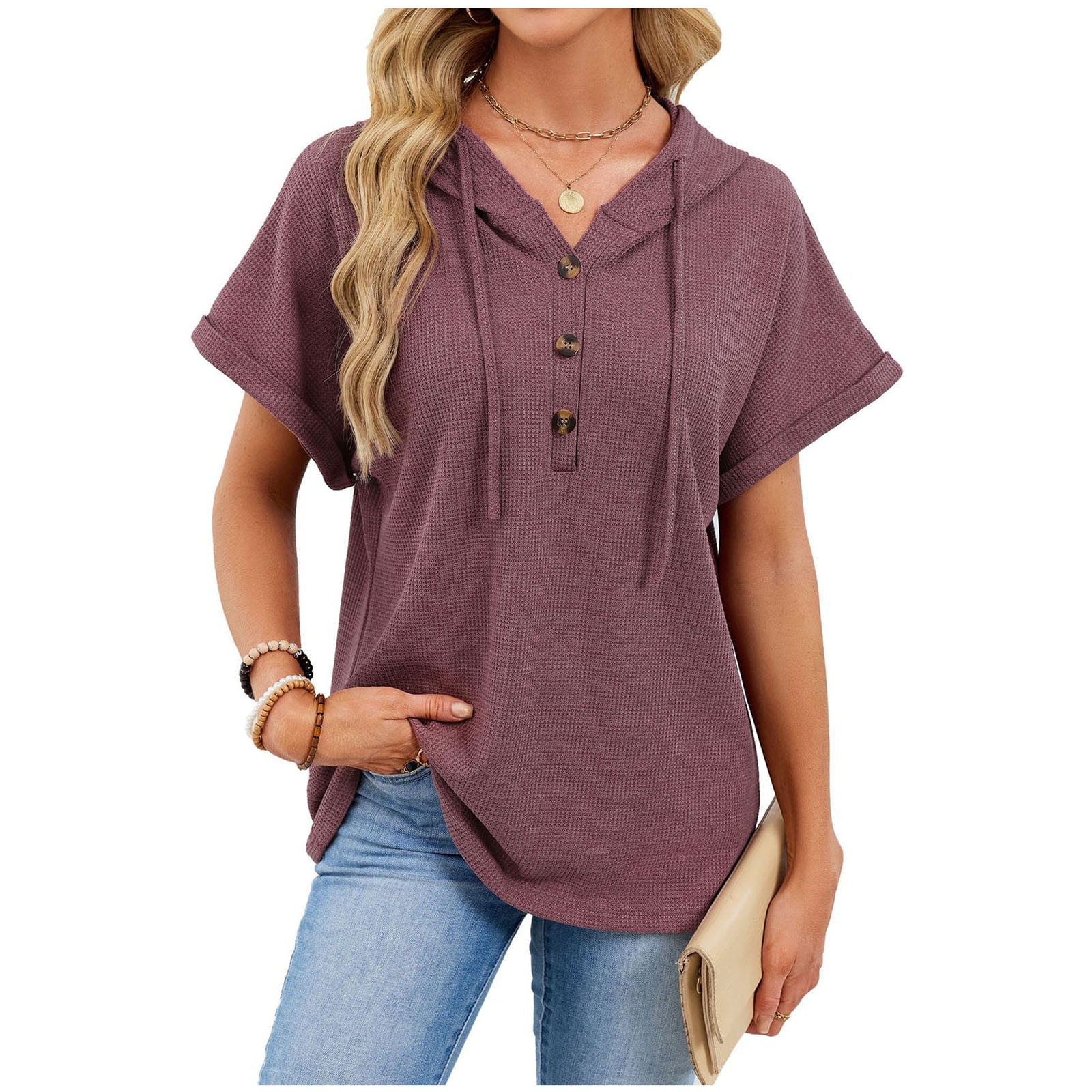 Enjoytime Blouses for Women Solid Color Hooded Short Sleeve Tops Spring ...