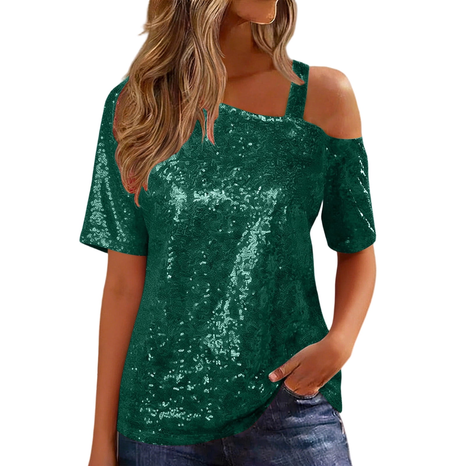 Enjoytime Blouses for Women Solid Color Sparkly Sequin One Shoulder ...