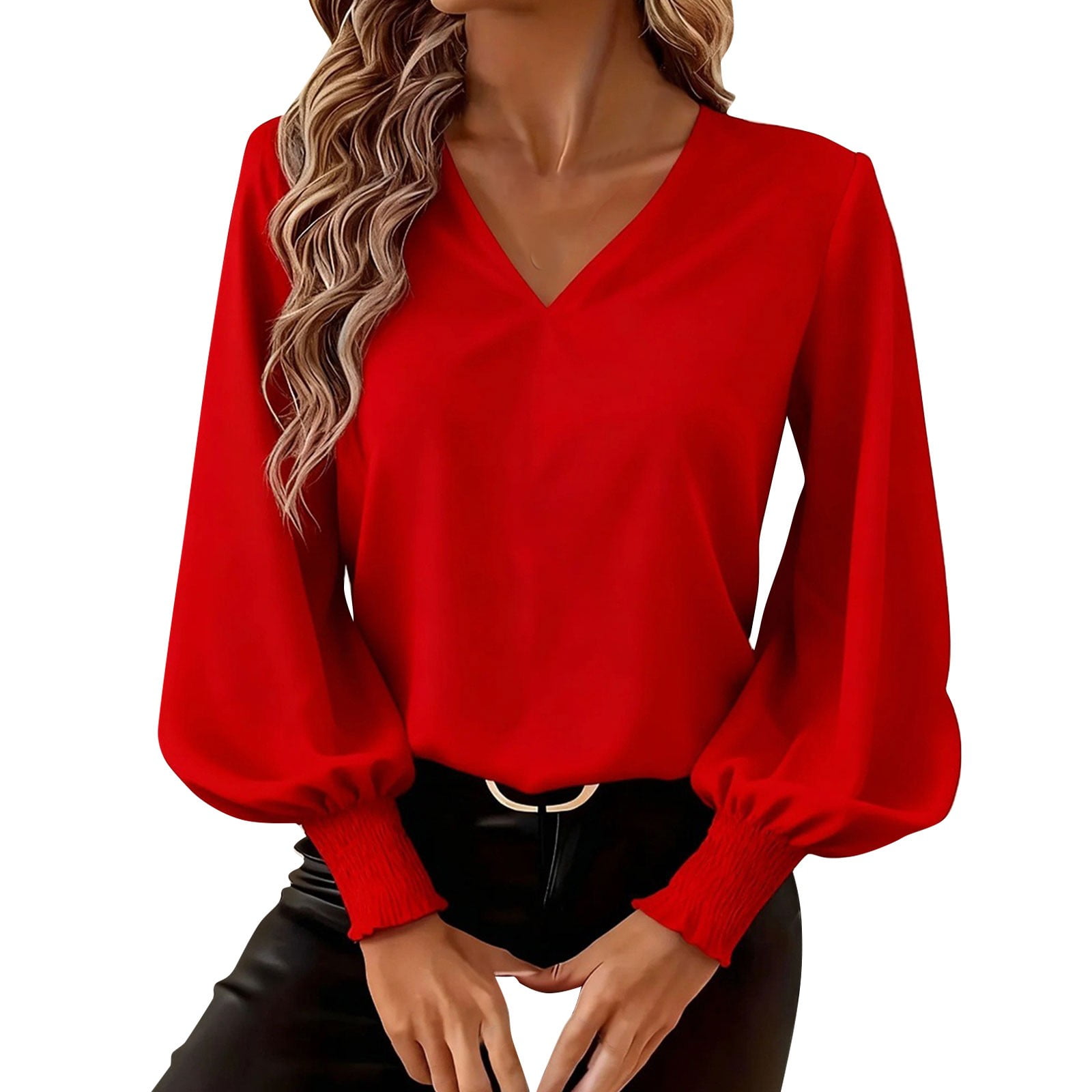 Enjoytime Blouses for Women Solid Color V-Neck Lantern Sleeve Tops ...