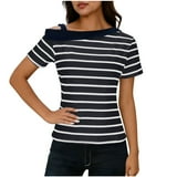 Enjoytime Blouses for Women Striped Patchwork Off Shoulder Short Sleeve ...