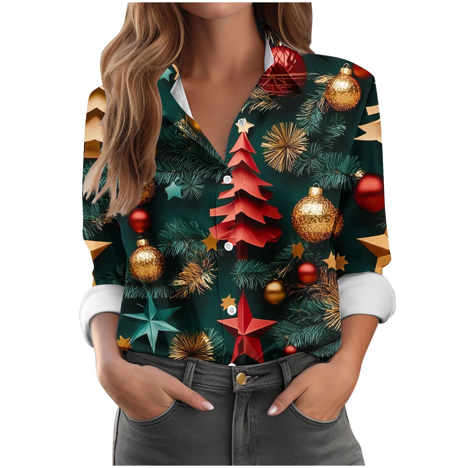 Enjoytime Button Down Shirts for Women Christmas Printed V-Neck Long ...