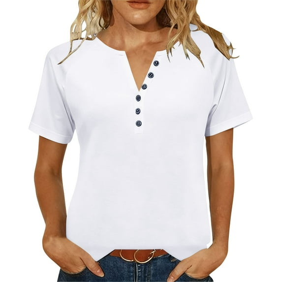Enjoytime Button Down Shirts for Women Solid Color V-Neck Short Sleeve ...