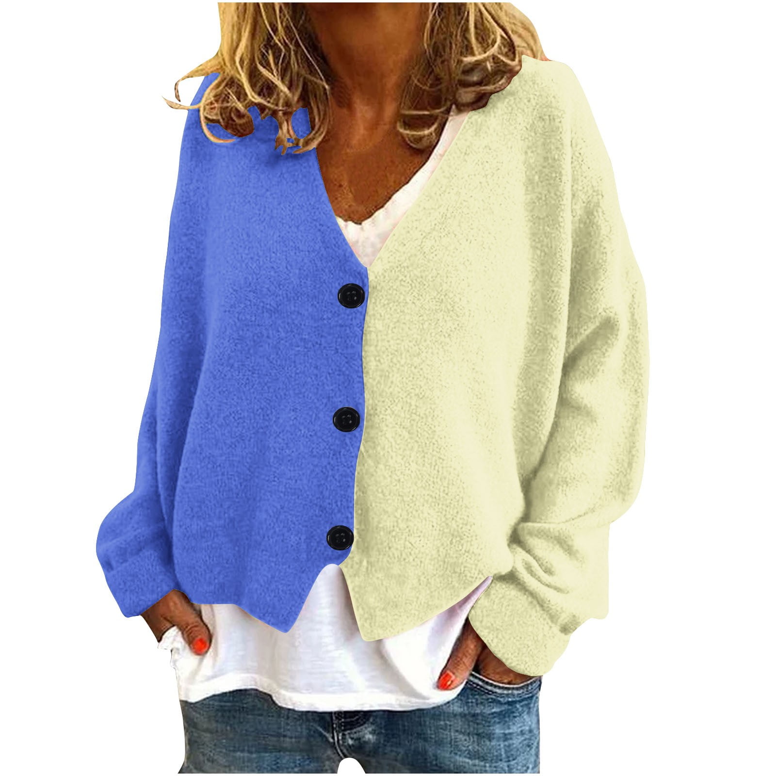 Enjoytime Cardigans for Women Trendy Patchwork Long Sleeve Button Down ...