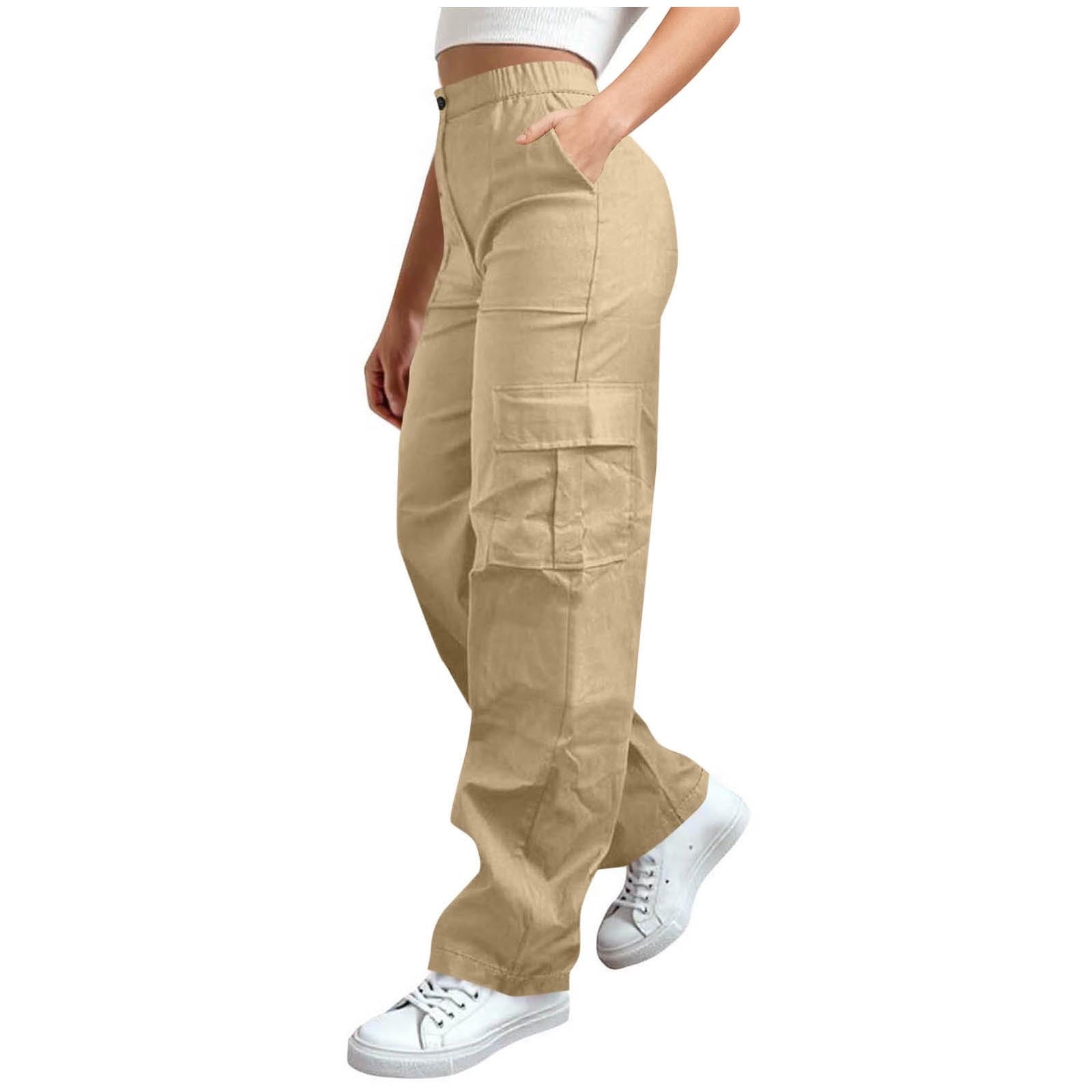 Enjoytime Cargo Pants Women Solid Color Elastic Waist Stretchy Loose ...